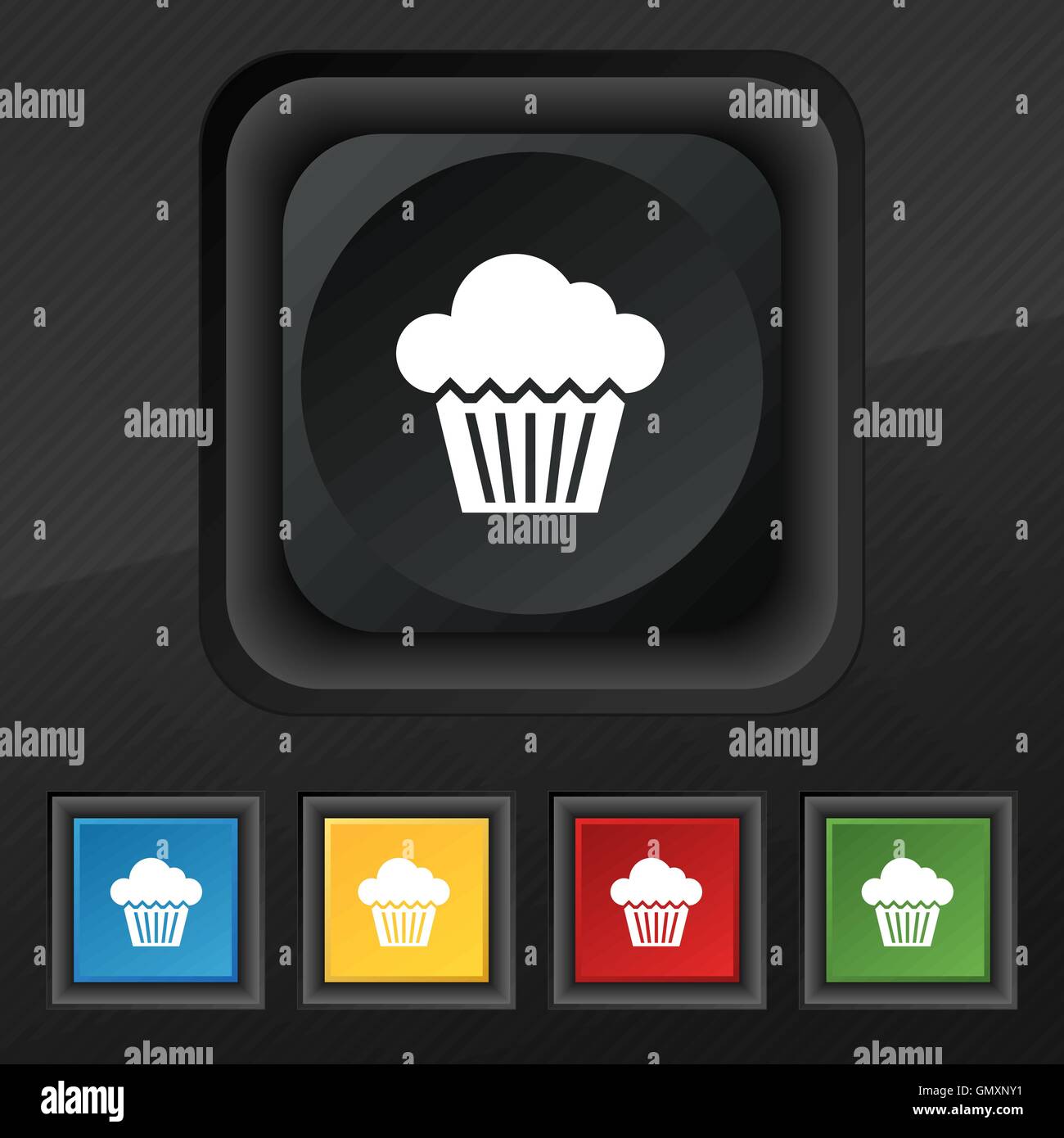 cake icon symbol. Set of five colorful, stylish buttons on black ...