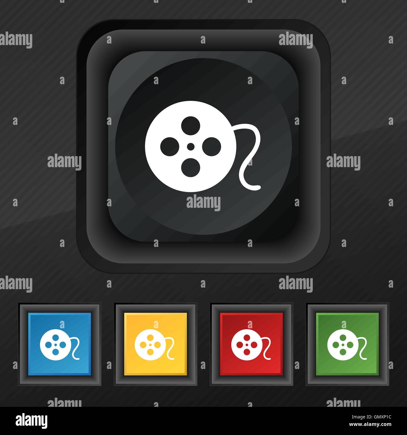 film icon symbol. Set of five colorful, stylish buttons on black ...