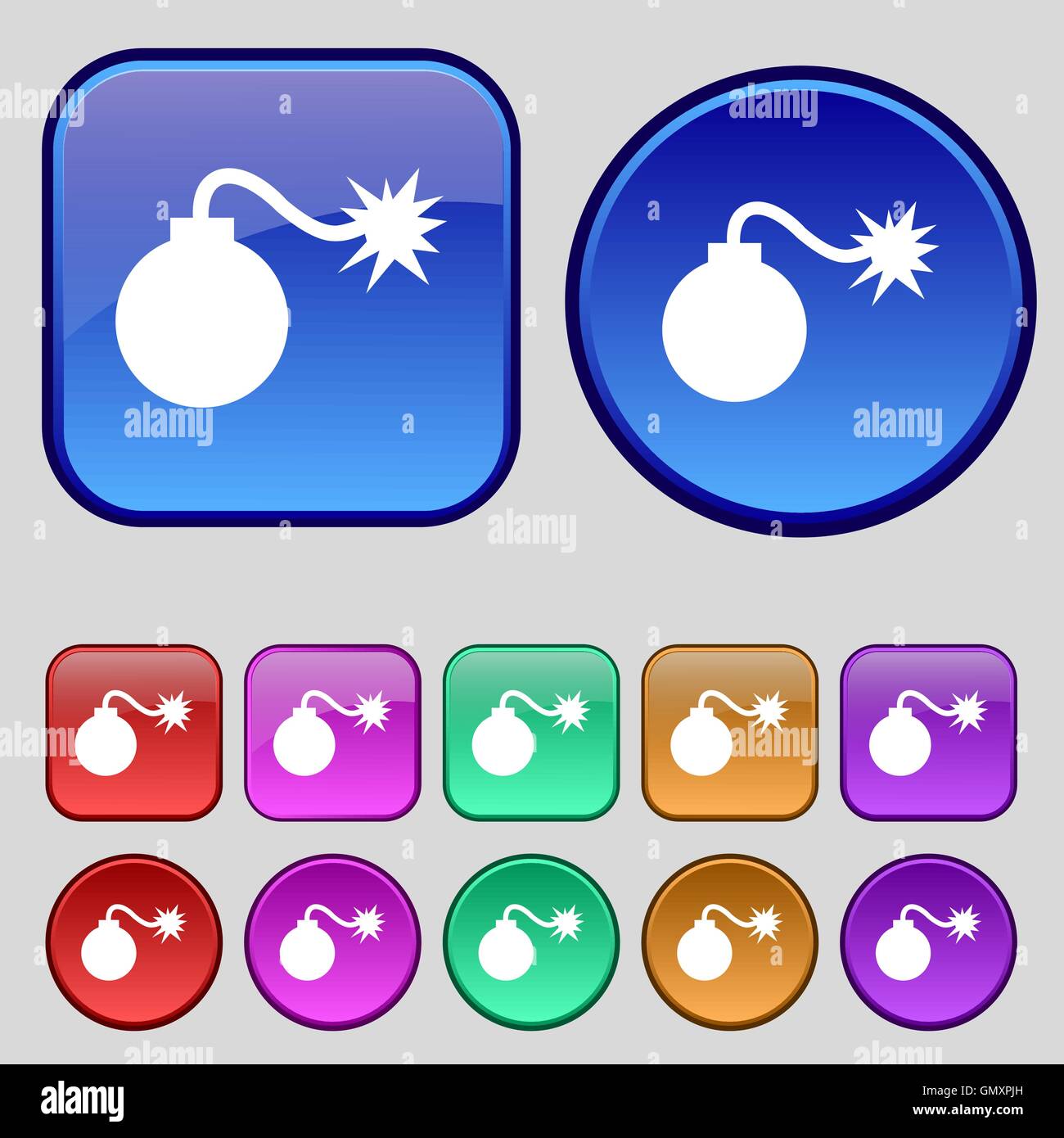 bomb icon sign. A set of twelve vintage buttons for your design. Vector ...