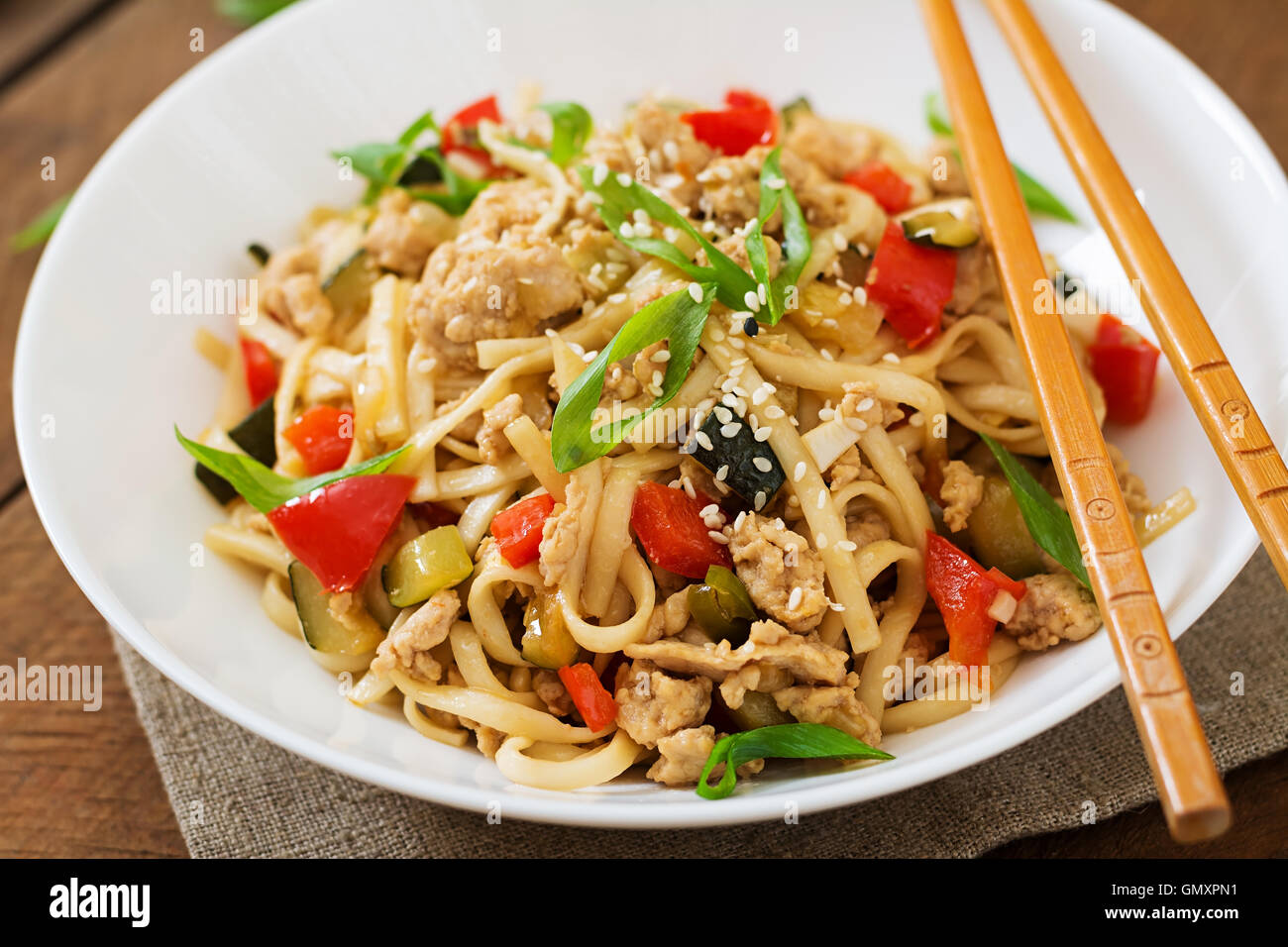 Udon noodles with meat and vegetables in an Asian style Stock Photo - Alamy