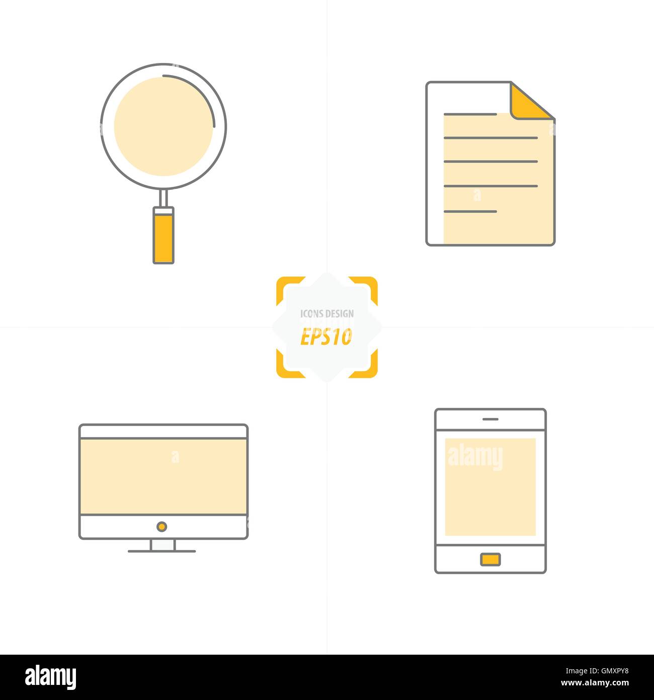 Icons Phone, Paper, Computer And Magnifier yellow style Stock Vector ...