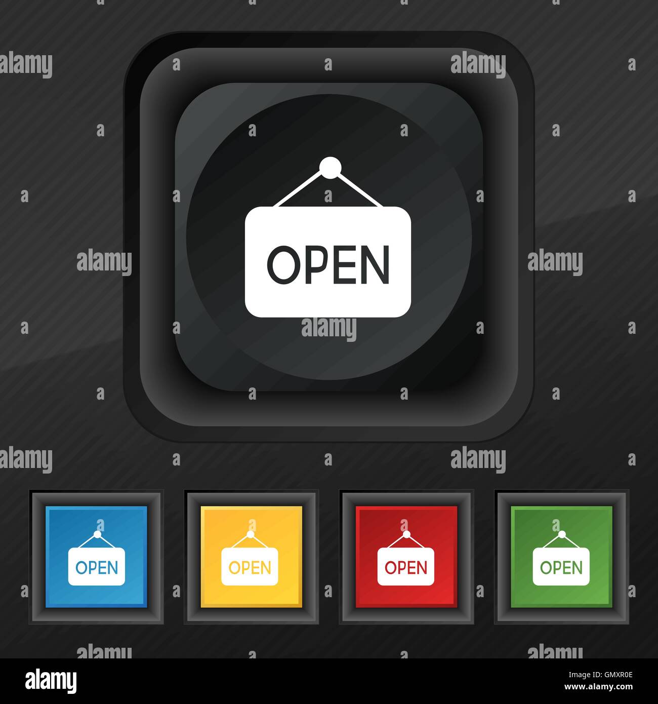 open icon symbol. Set of five colorful, stylish buttons on black ...