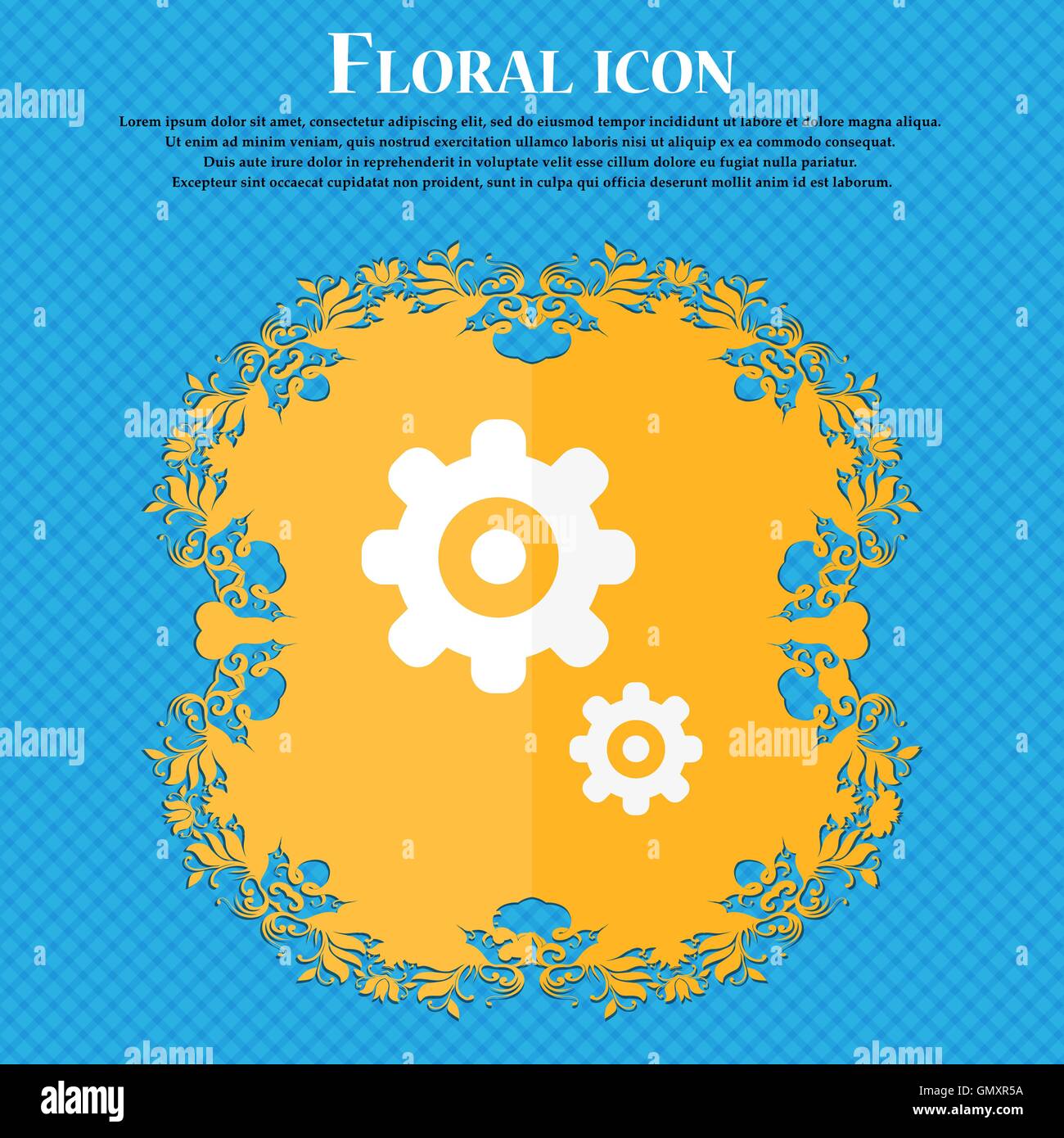 gears icon. Floral flat design on a blue abstract background with place ...