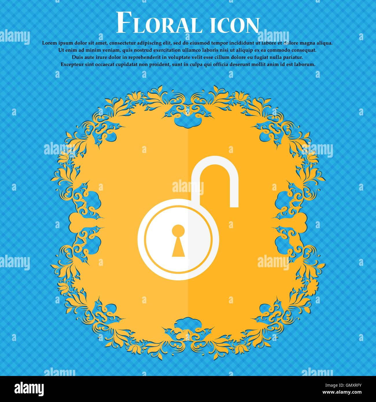open lock icon. Floral flat design on a blue abstract background with ...