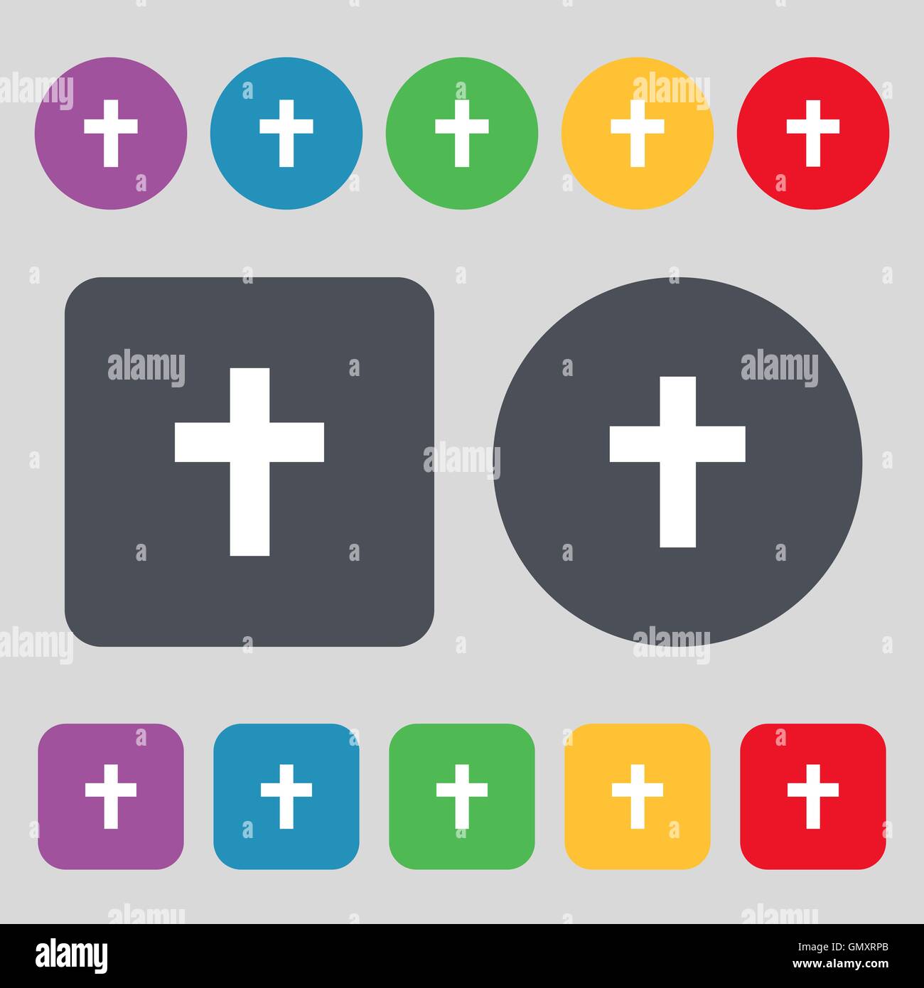 religious cross, Christian icon sign. A set of 12 colored buttons. Flat ...