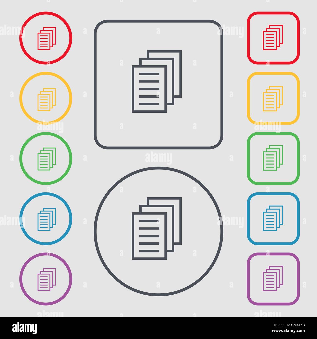 Copy file, Duplicate document icon sign. symbol on the Round and square buttons with frame ...