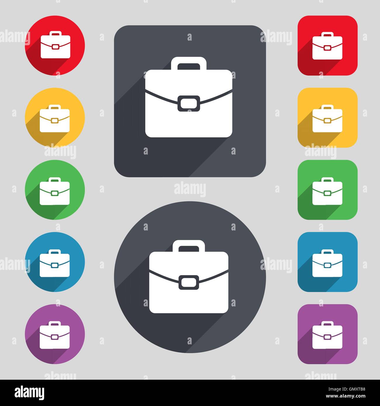 suitcase icon sign. A set of 12 colored buttons and a long shadow. Flat ...