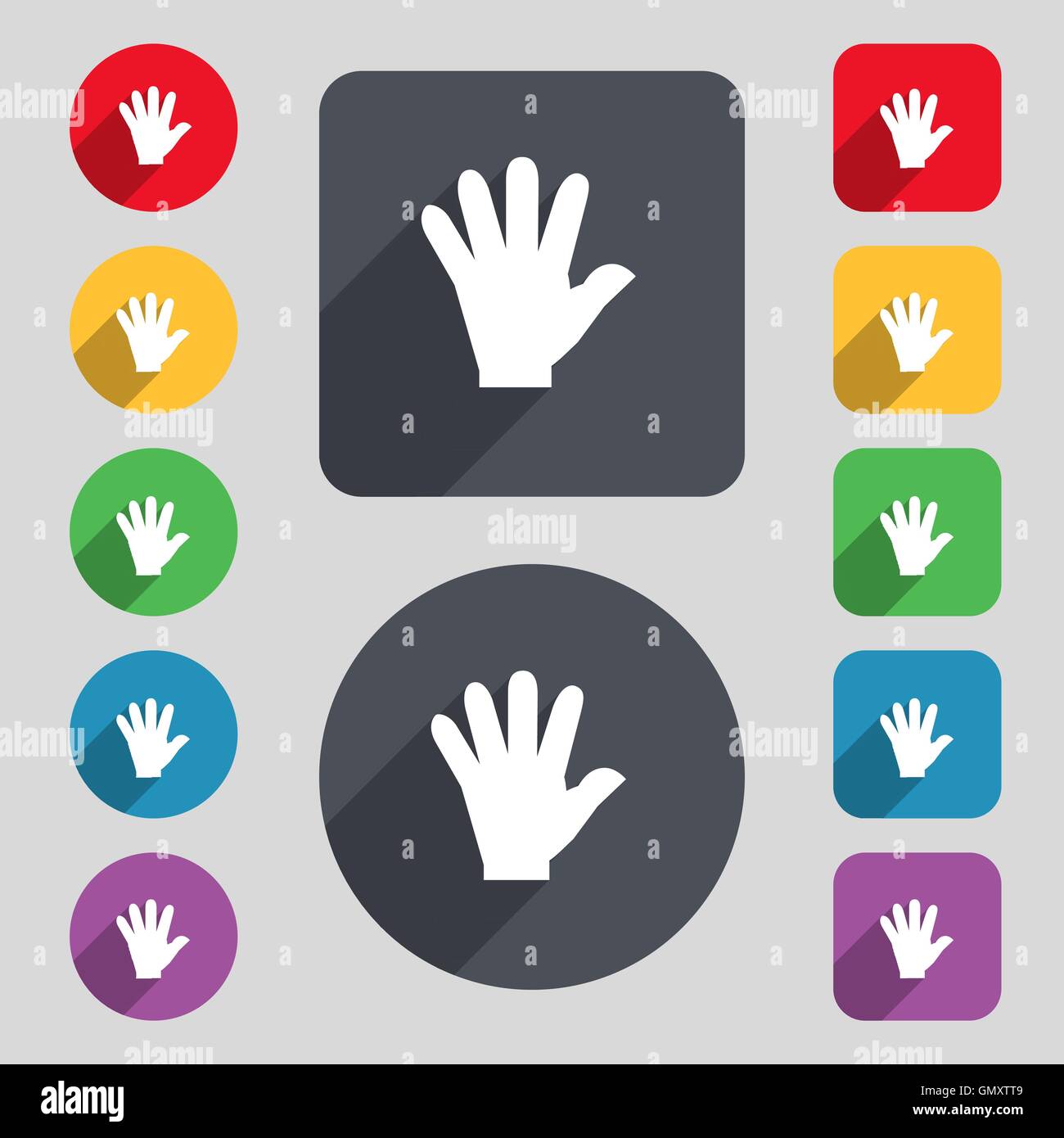 hand icon sign. A set of 12 colored buttons and a long shadow. Flat ...