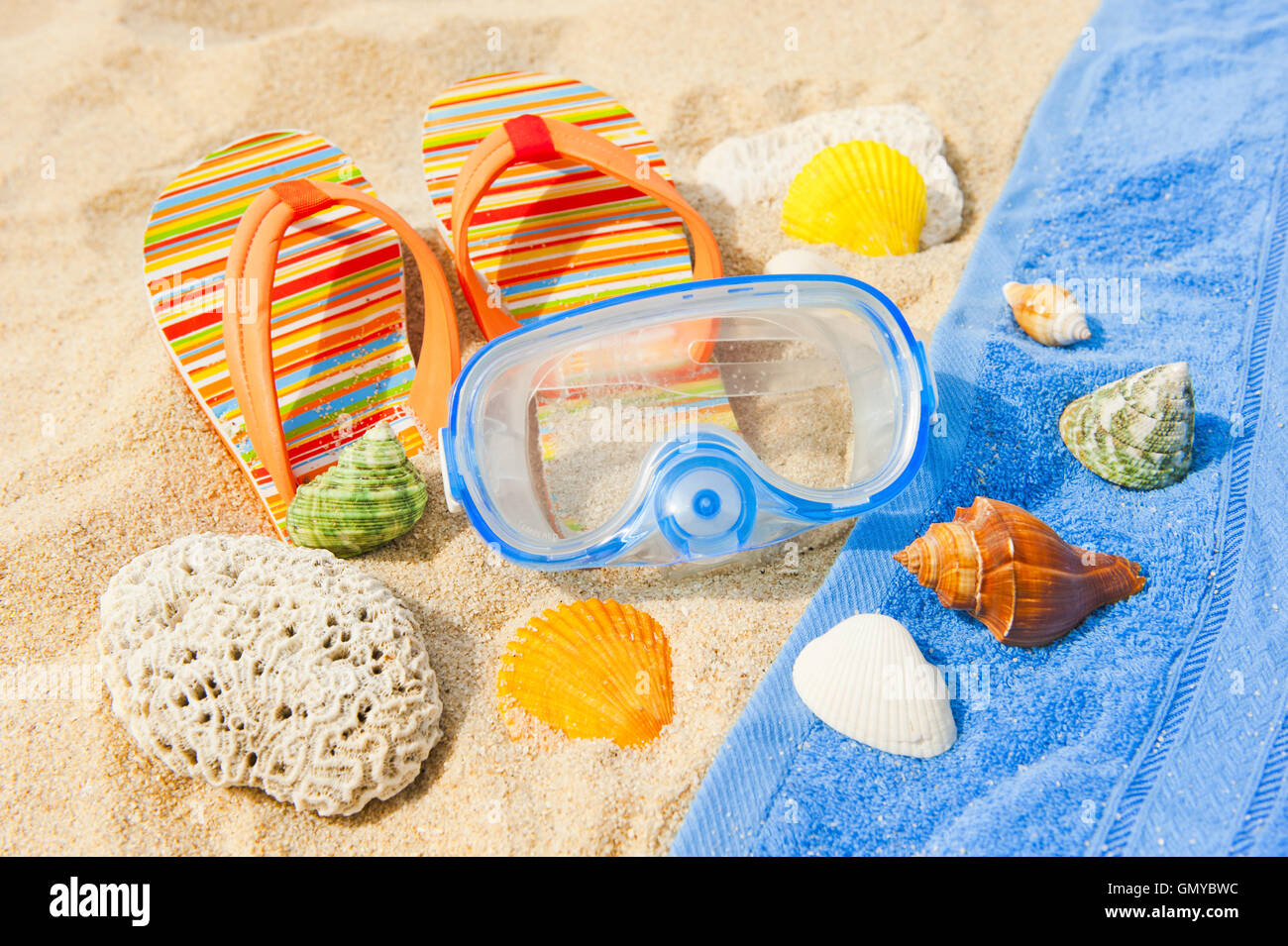 Seashells and diving mask on the ocean beach Stock Photo - Alamy