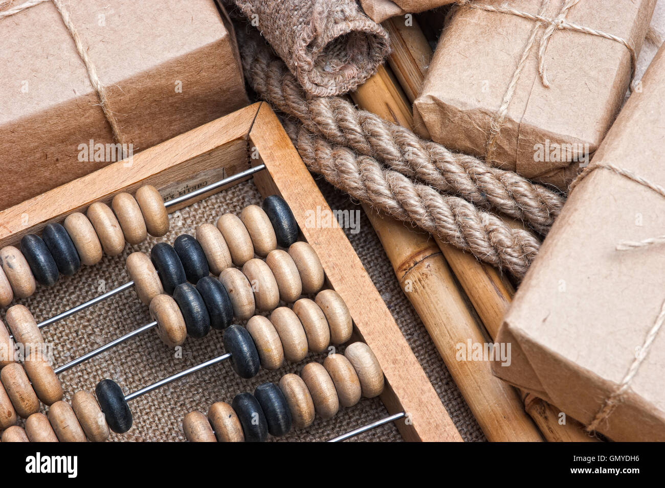 Still Life in a warehouse with abacus Stock Photo - Alamy