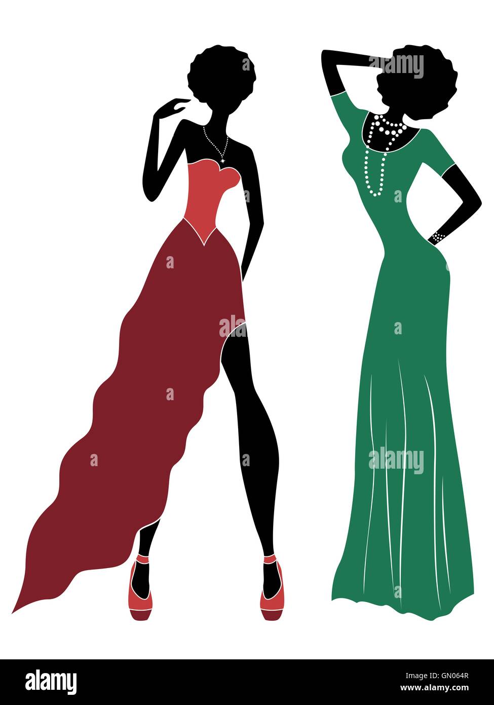 Attractive slender ladies in dull red and green long gown, hand drawing ...
