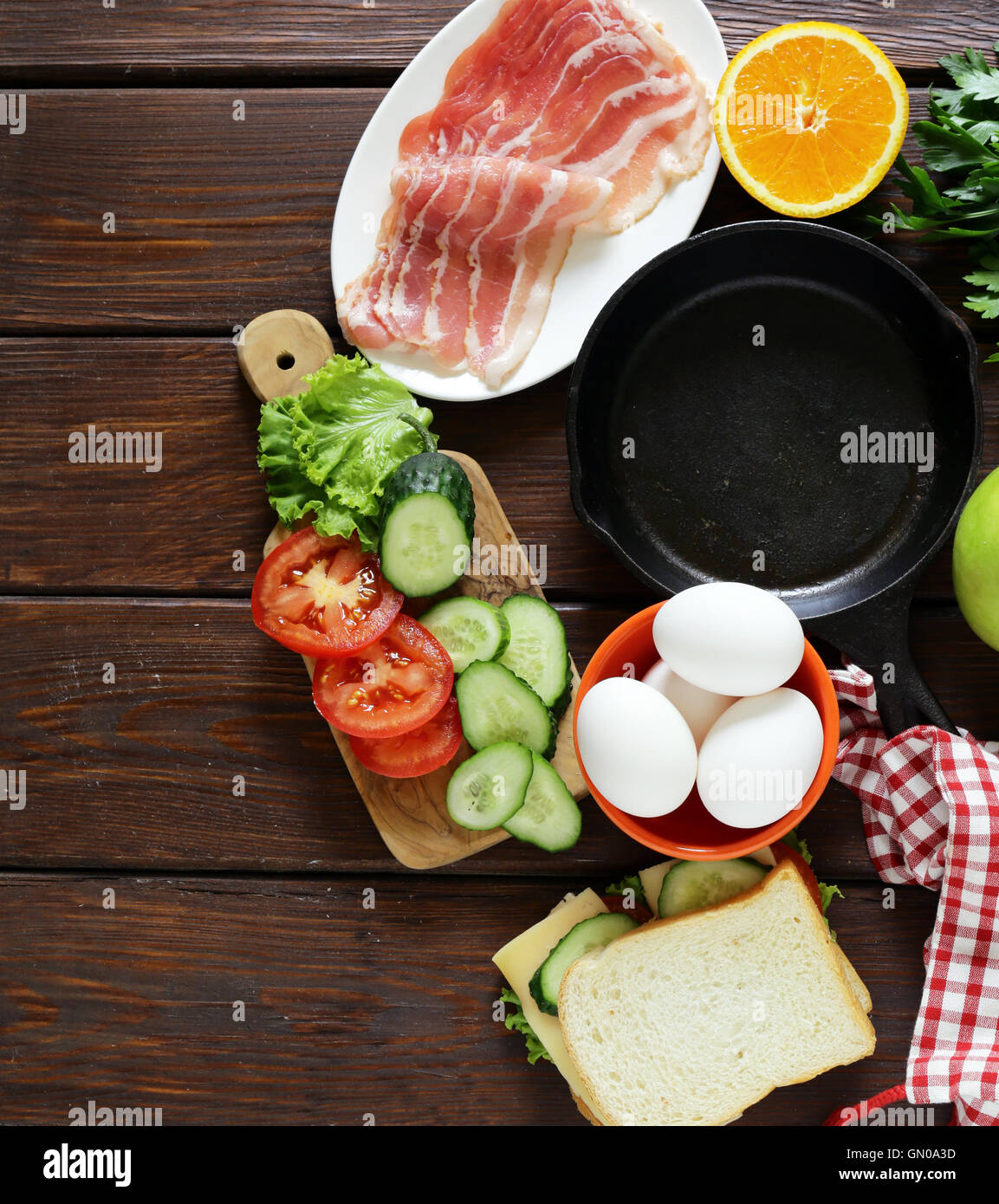 Traditional breakfast - eggs, bacon, toast and vegetables, fruit Stock ...