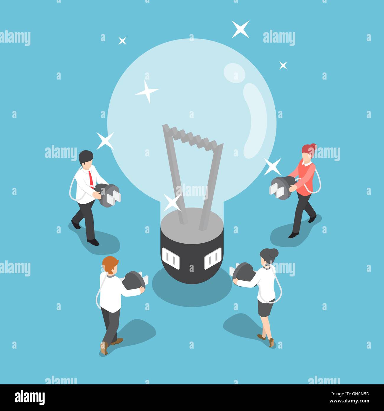 Isometric business people going to recharge idea from big light bulb ...