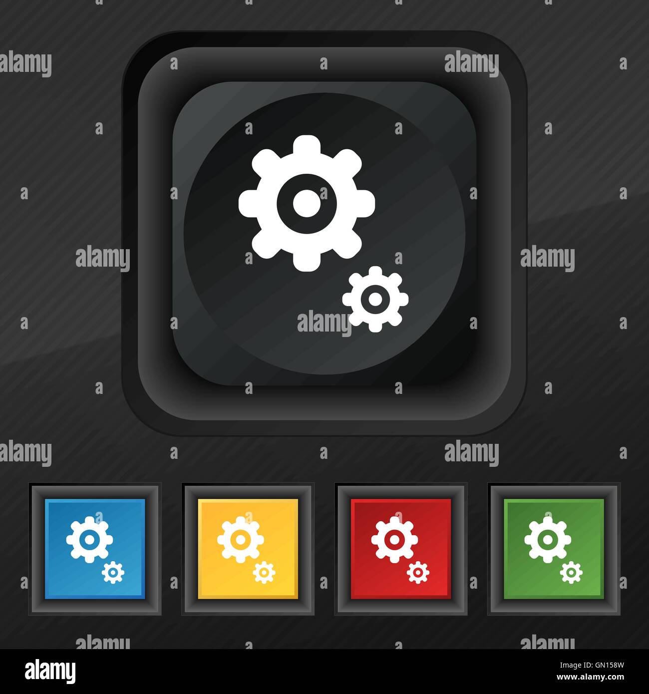 gears icon symbol. Set of five colorful, stylish buttons on black ...