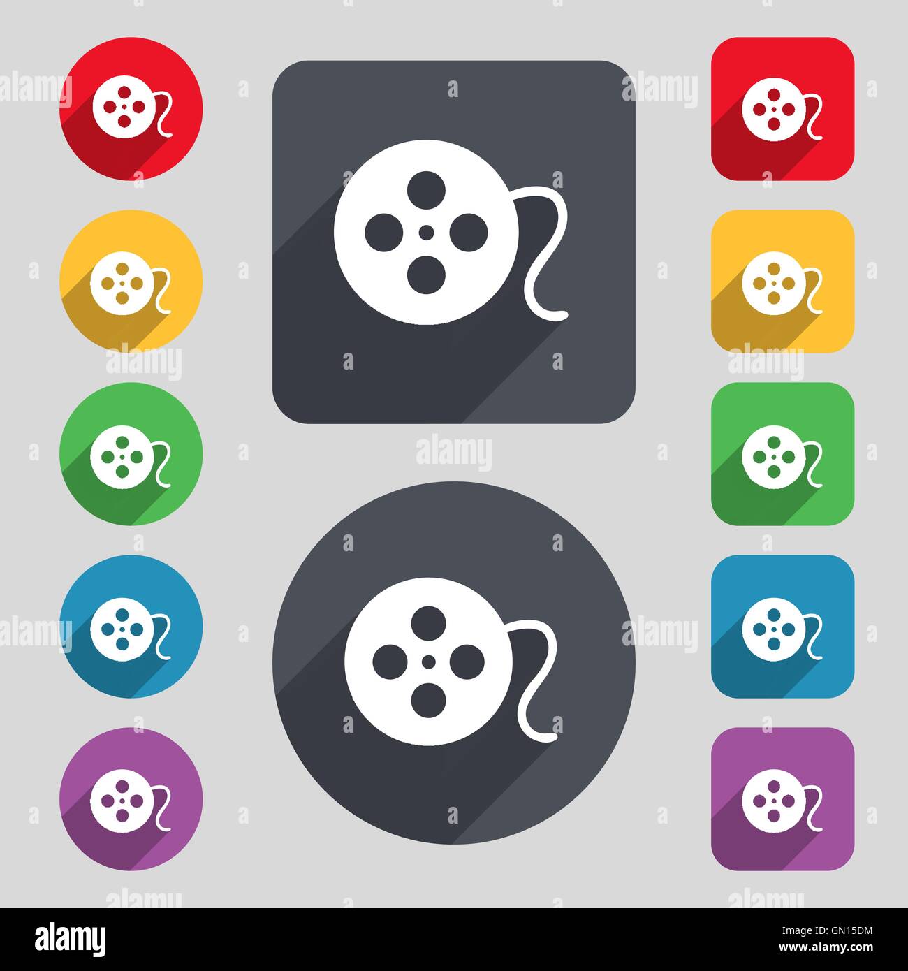 film icon sign. A set of 12 colored buttons and a long shadow. Flat ...