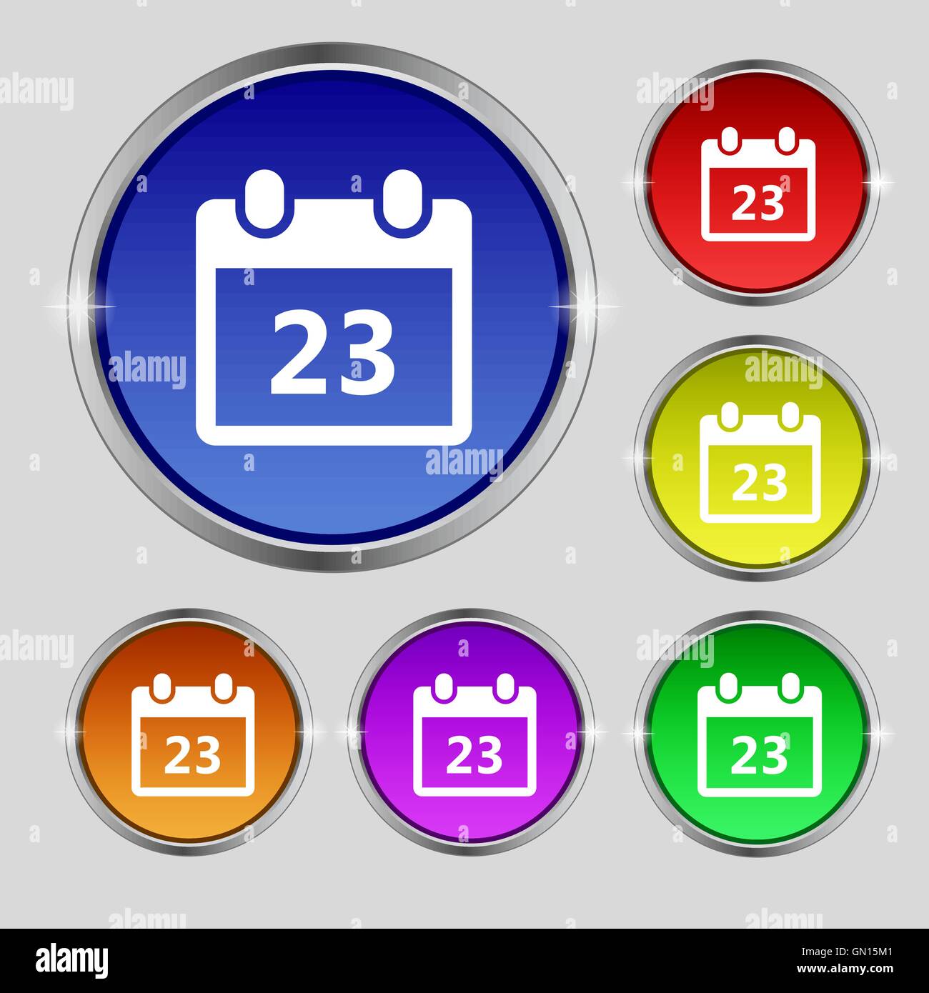 calendar page icon sign. Round symbol on bright colourful buttons ...
