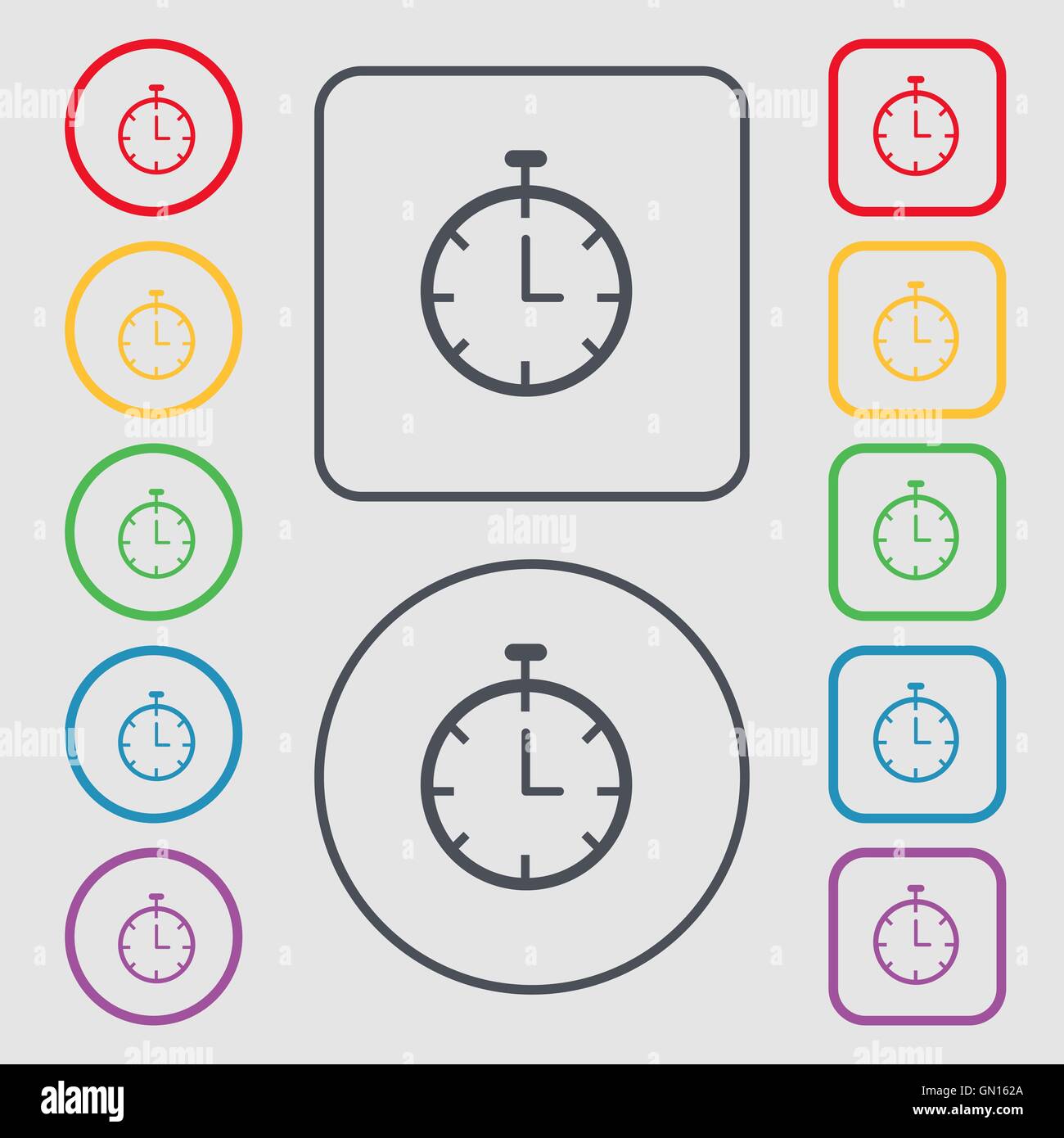Stopwatch icon sign. symbol on the Round and square buttons with frame ...