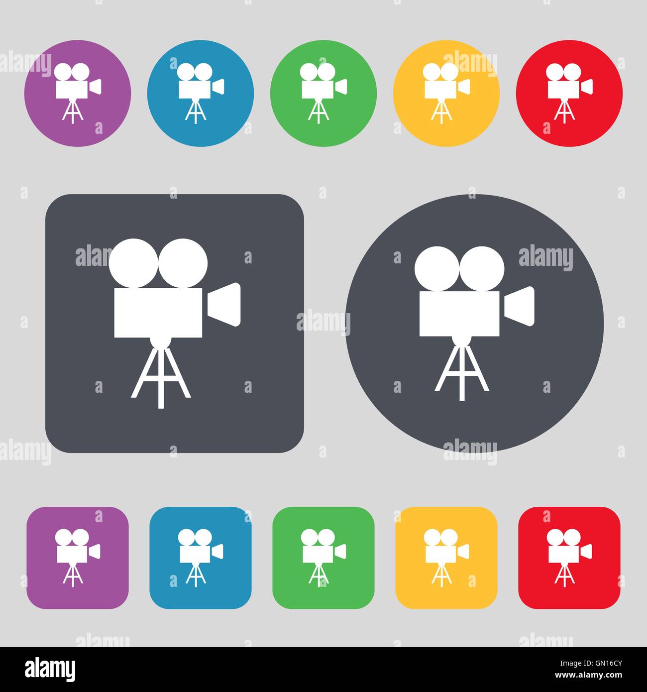 Video camera icon sign. A set of 12 colored buttons. Flat design ...