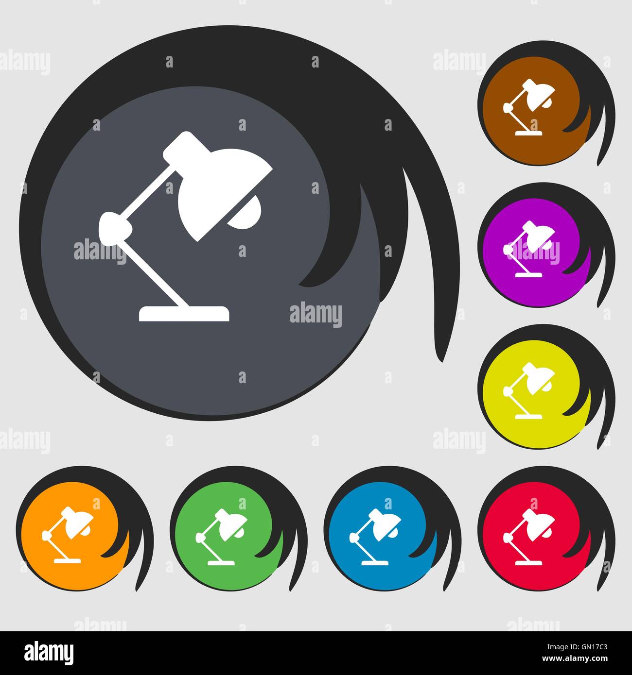 Reading-lamp and lighting, illumination icon. Symbols on eight colored ...