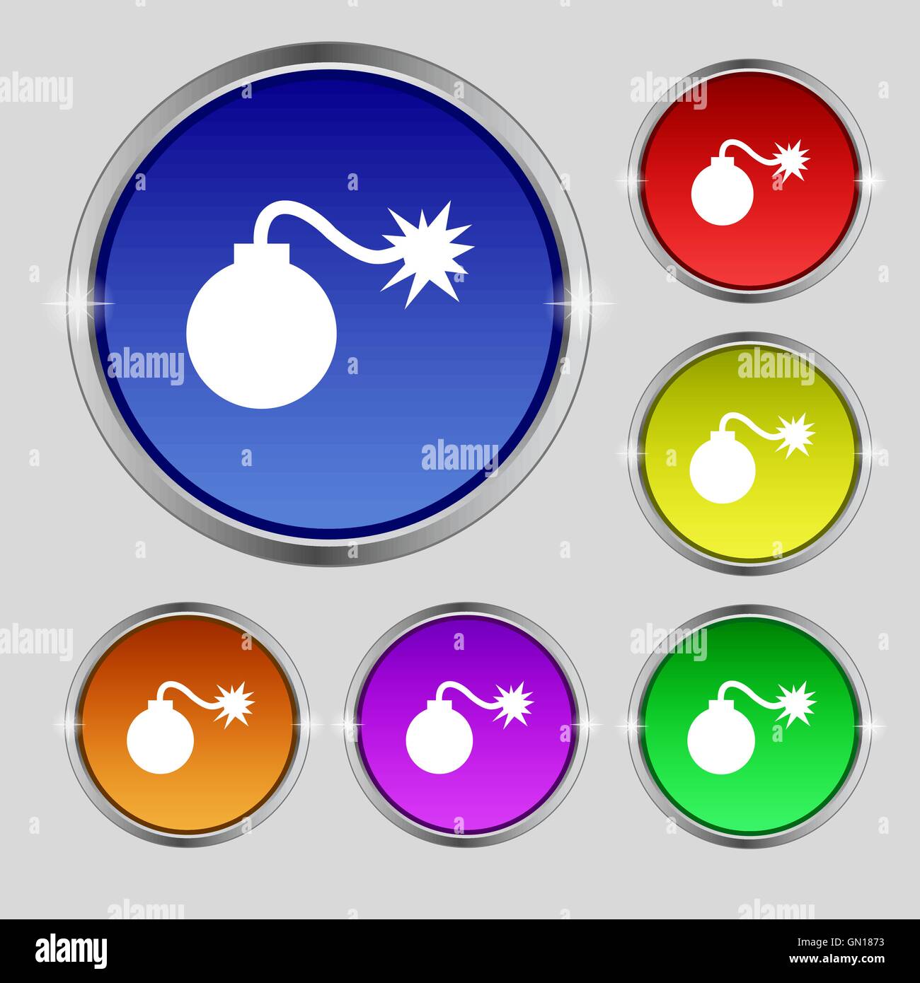 bomb icon sign. Round symbol on bright colourful buttons. Vector Stock ...