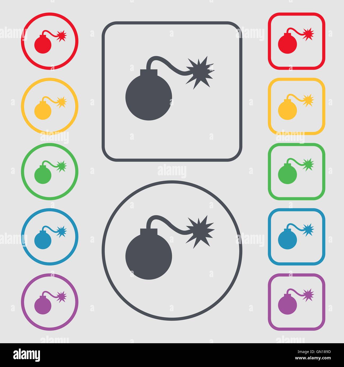 bomb icon sign. symbol on the Round and square buttons with frame ...
