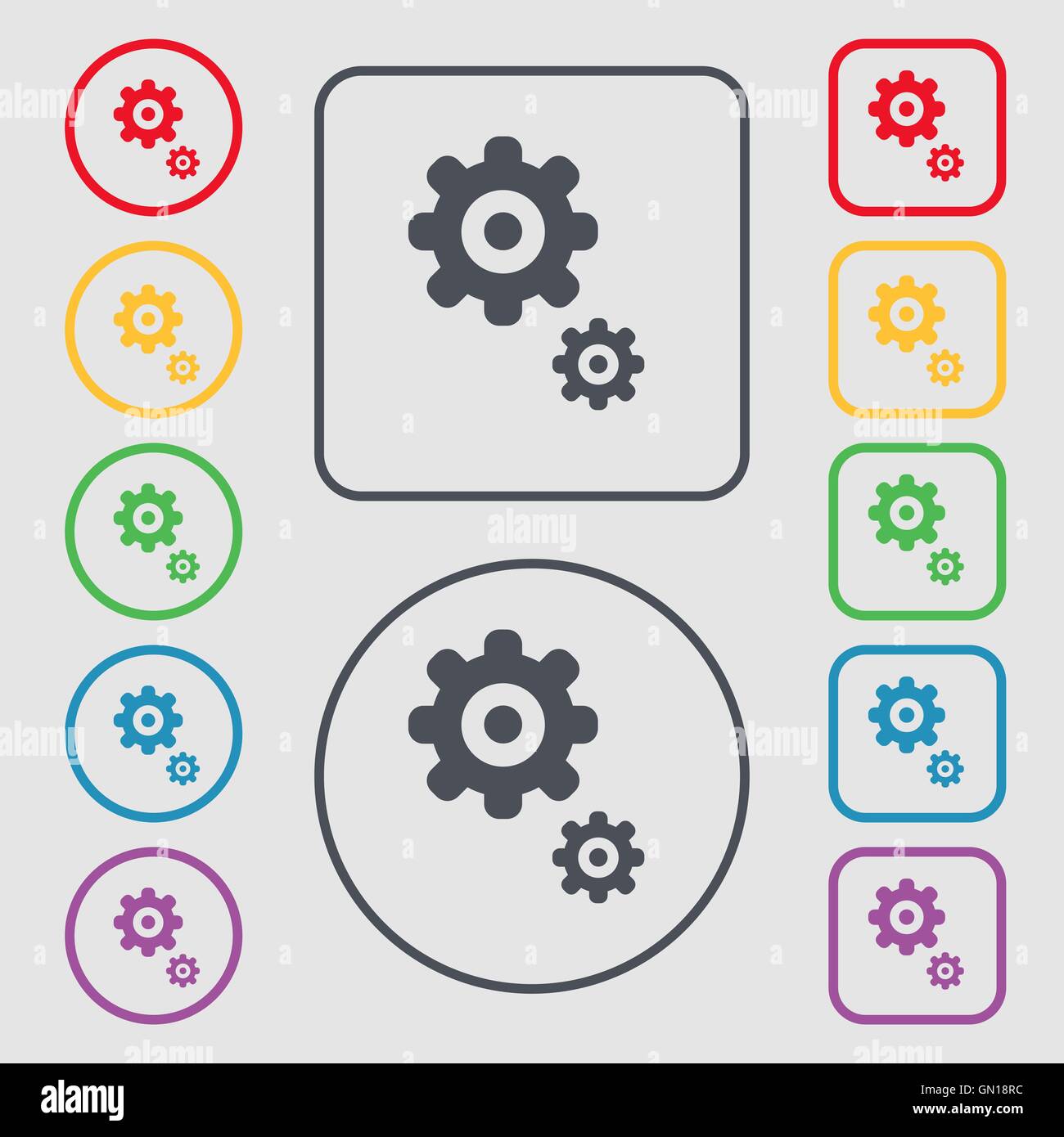 gears icon sign. symbol on the Round and square buttons with frame ...