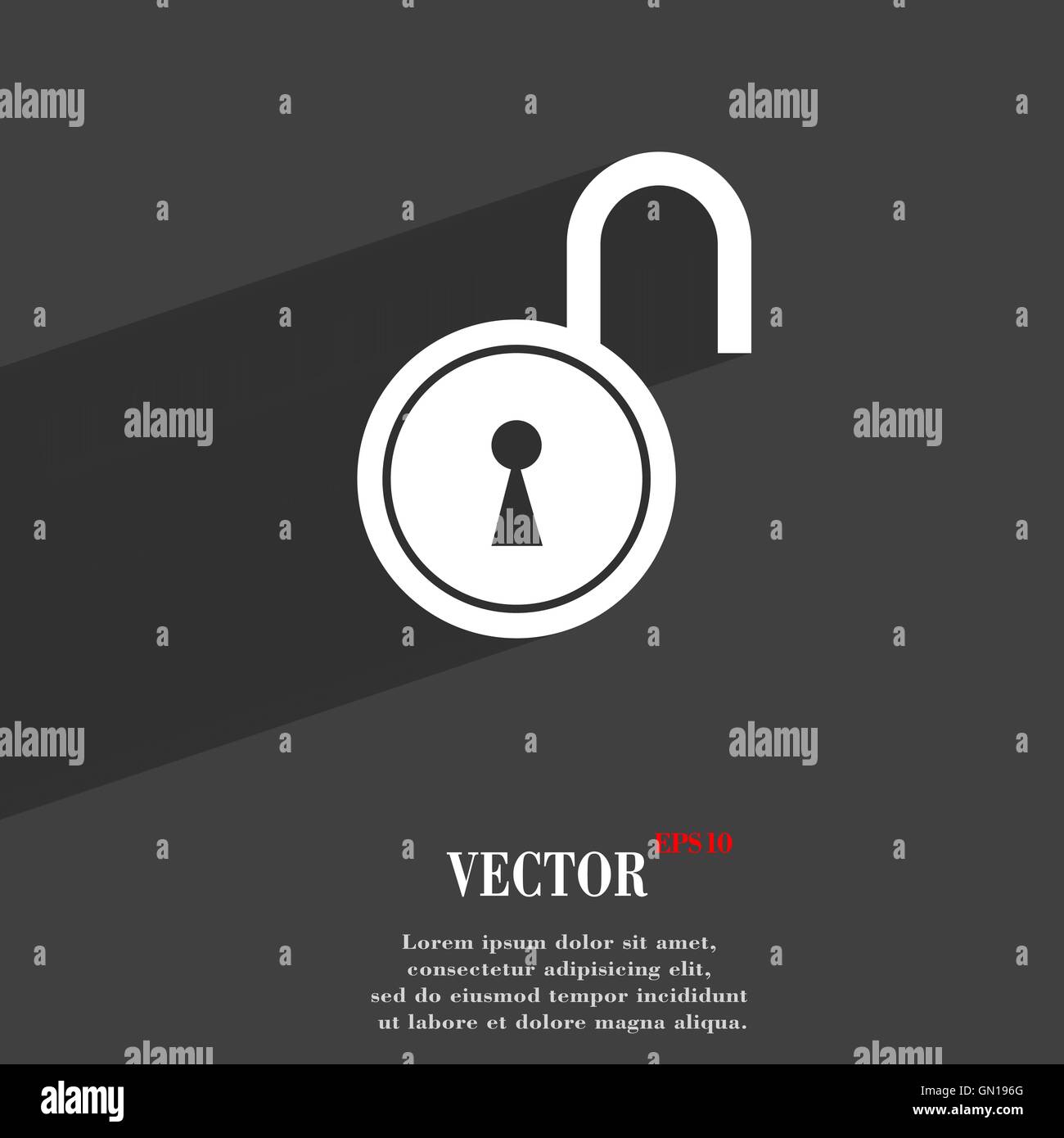 open lock symbol Flat modern web design with long shadow and space for ...