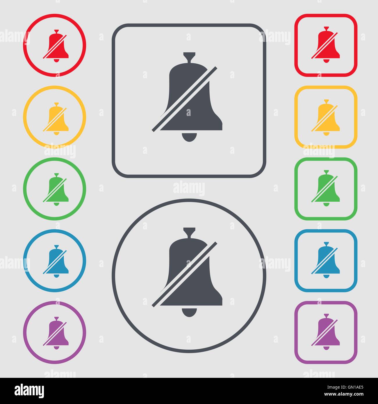 No bell, Prohibition icon sign. symbol on the Round and square buttons ...