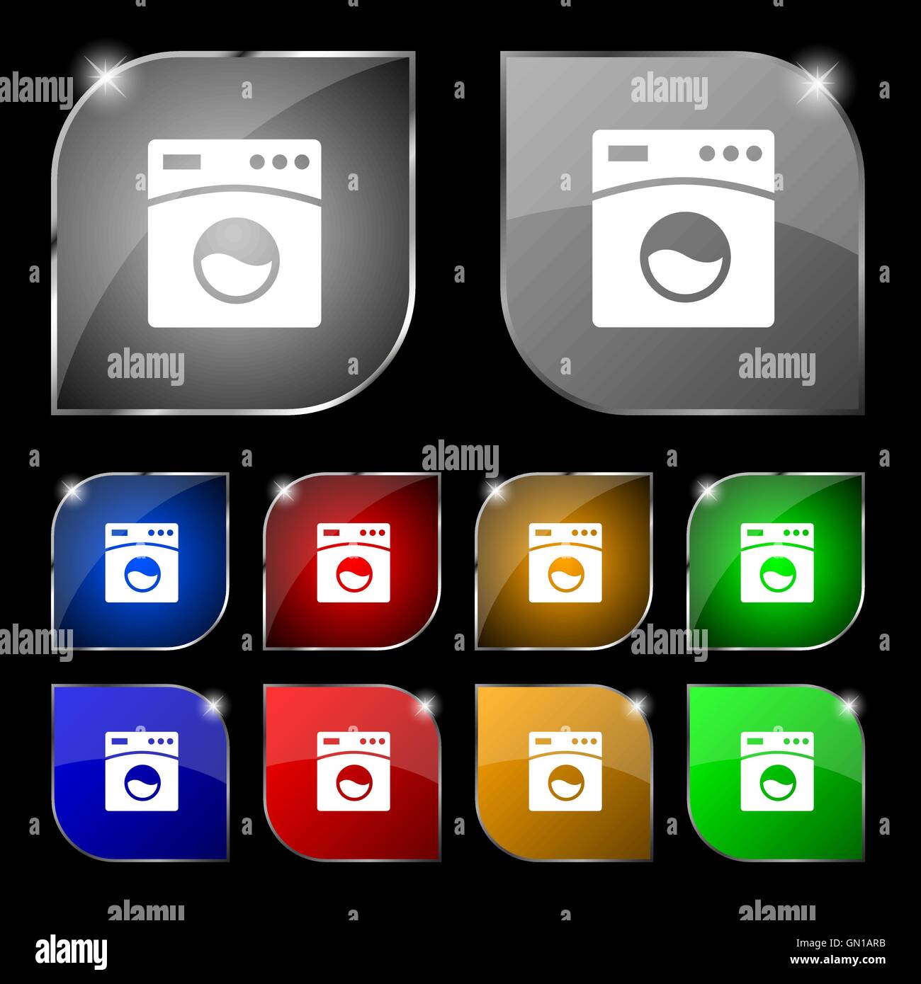 Washing machine icon sign. Set of ten colorful buttons with glare ...