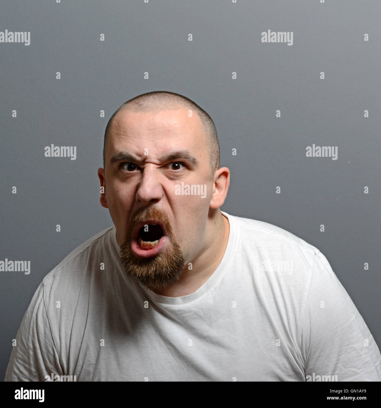 Portrait of a angry man screaming against gray background Stock Photo ...