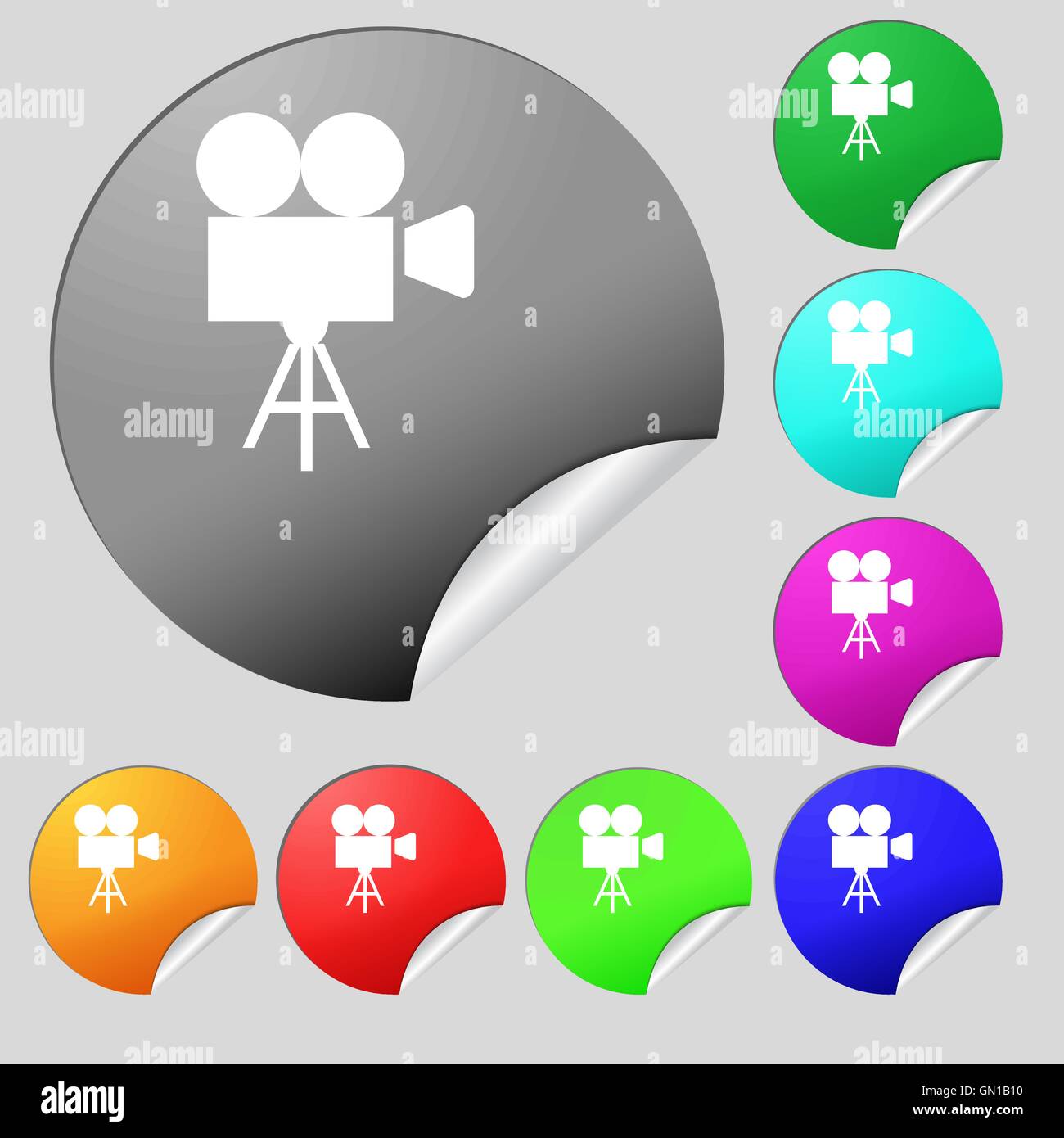 Video camera icon sign. Set of eight multi colored round buttons ...