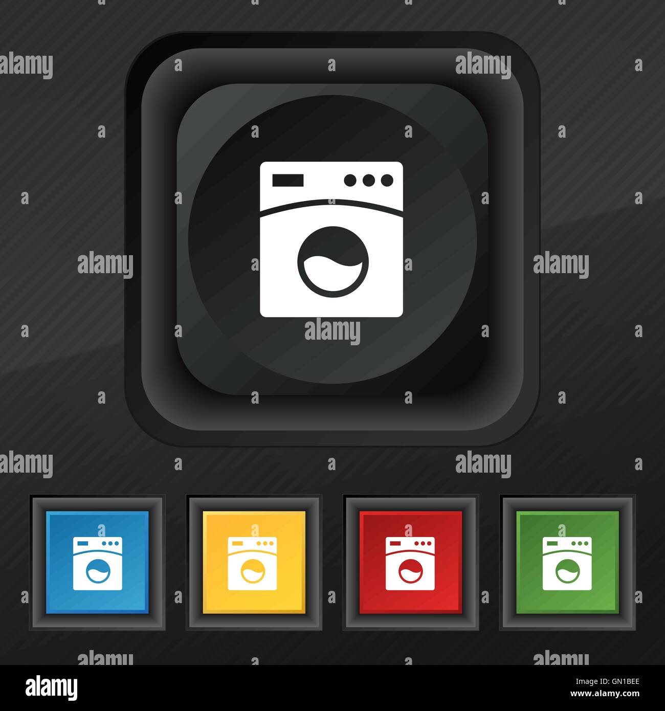 Washing machine icon symbol. Set of five colorful, stylish buttons on ...