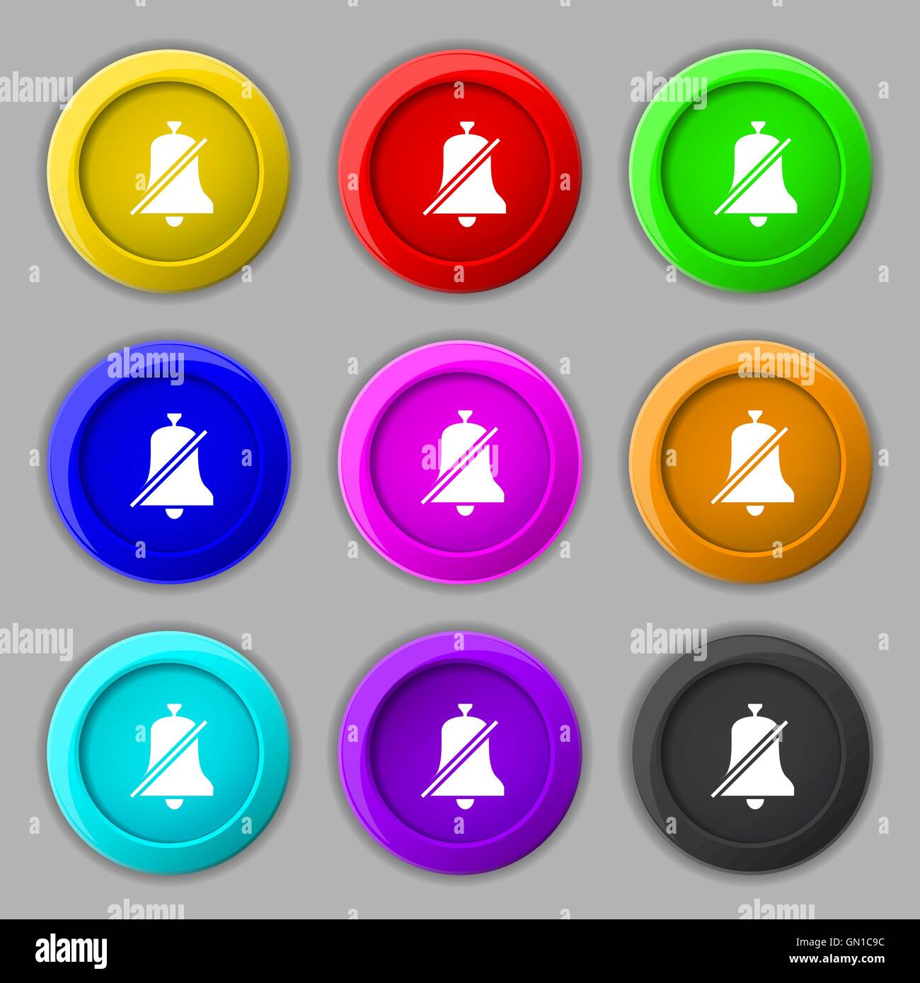 No bell, Prohibition icon sign. symbol on nine round colourful buttons ...