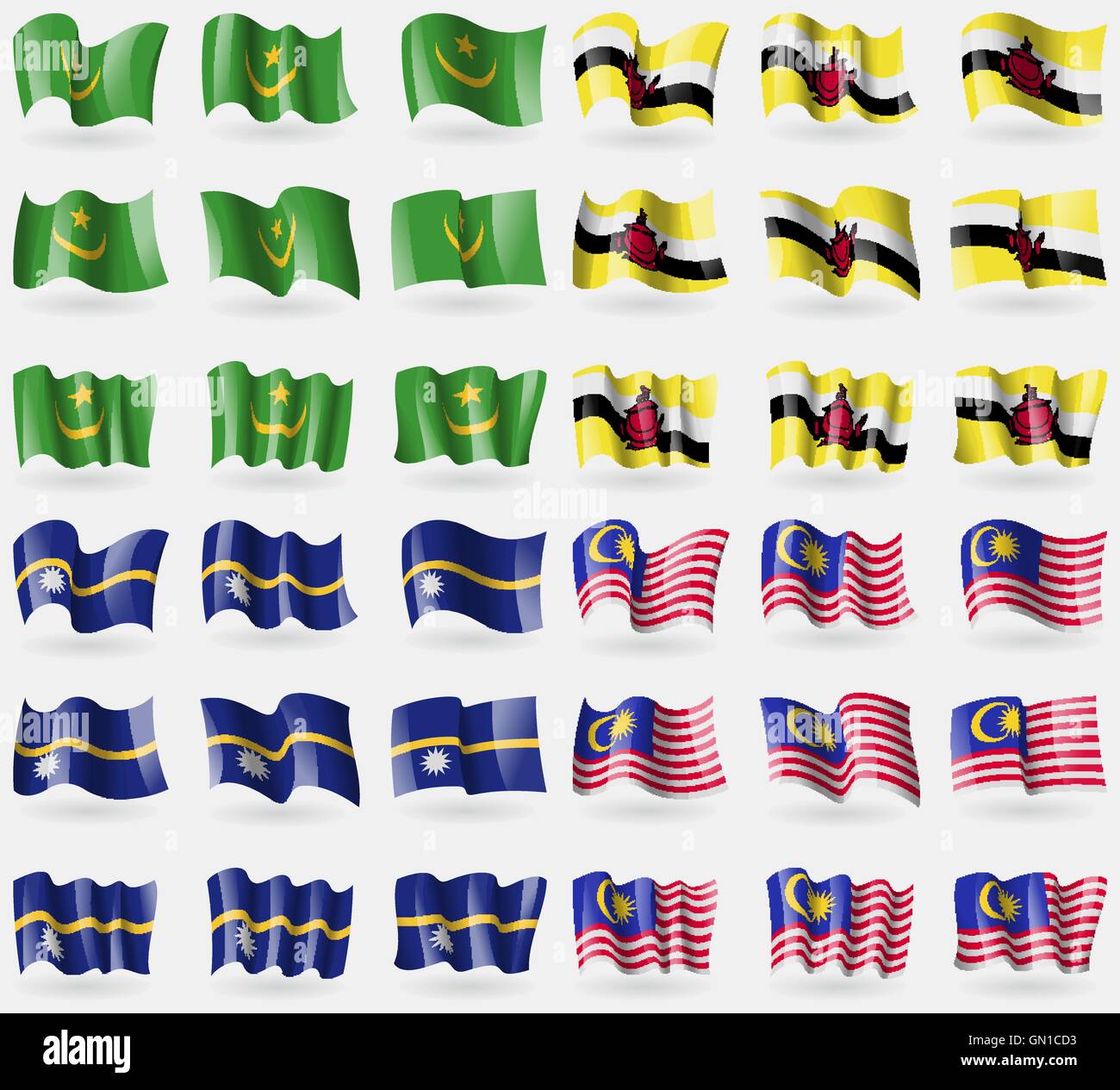 Mauritania, Brunei, Nauru, Malaysia. Set of 36 flags of the countries ...
