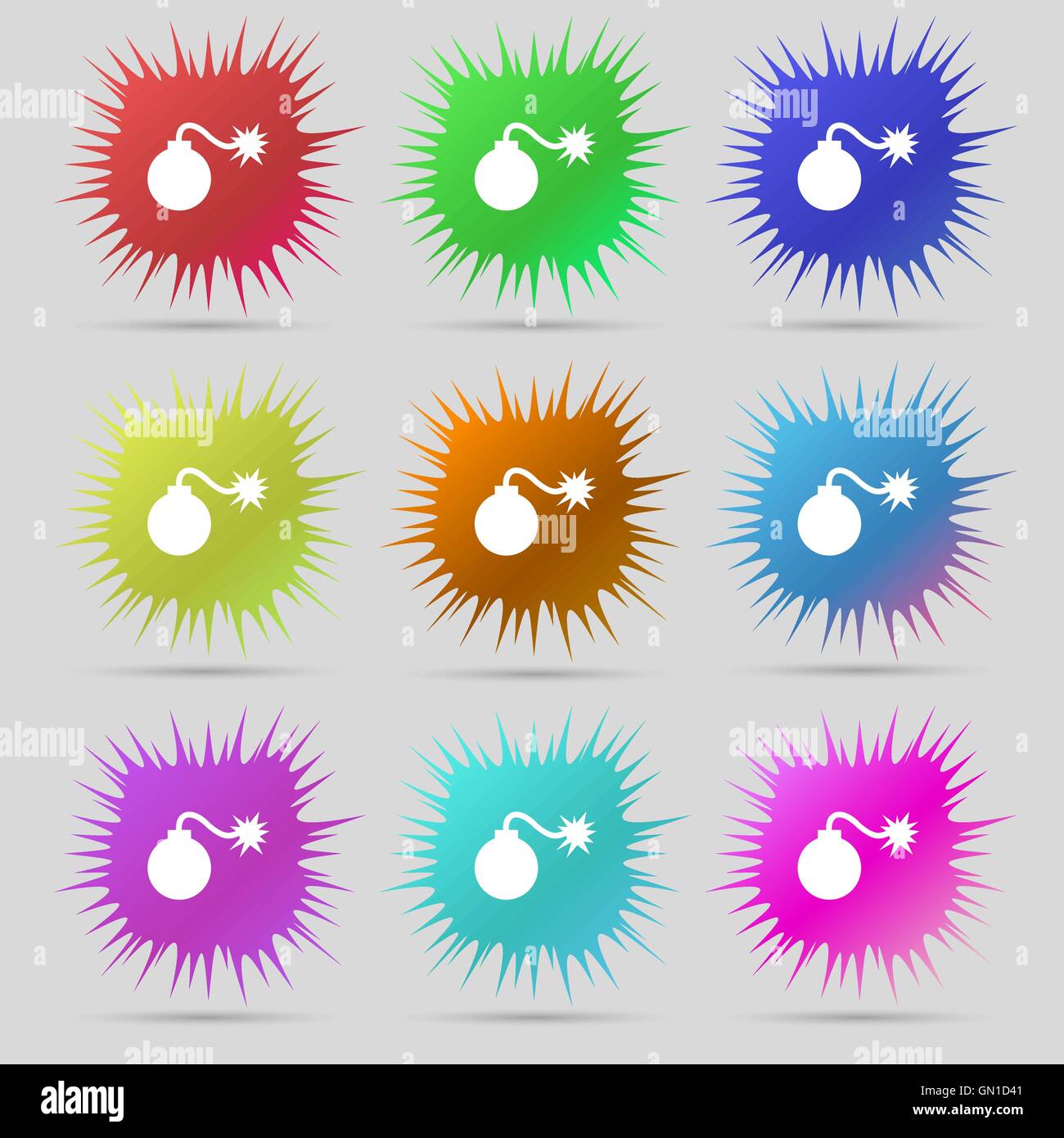 bomb icon sign. A set of nine original needle buttons. Vector Stock ...
