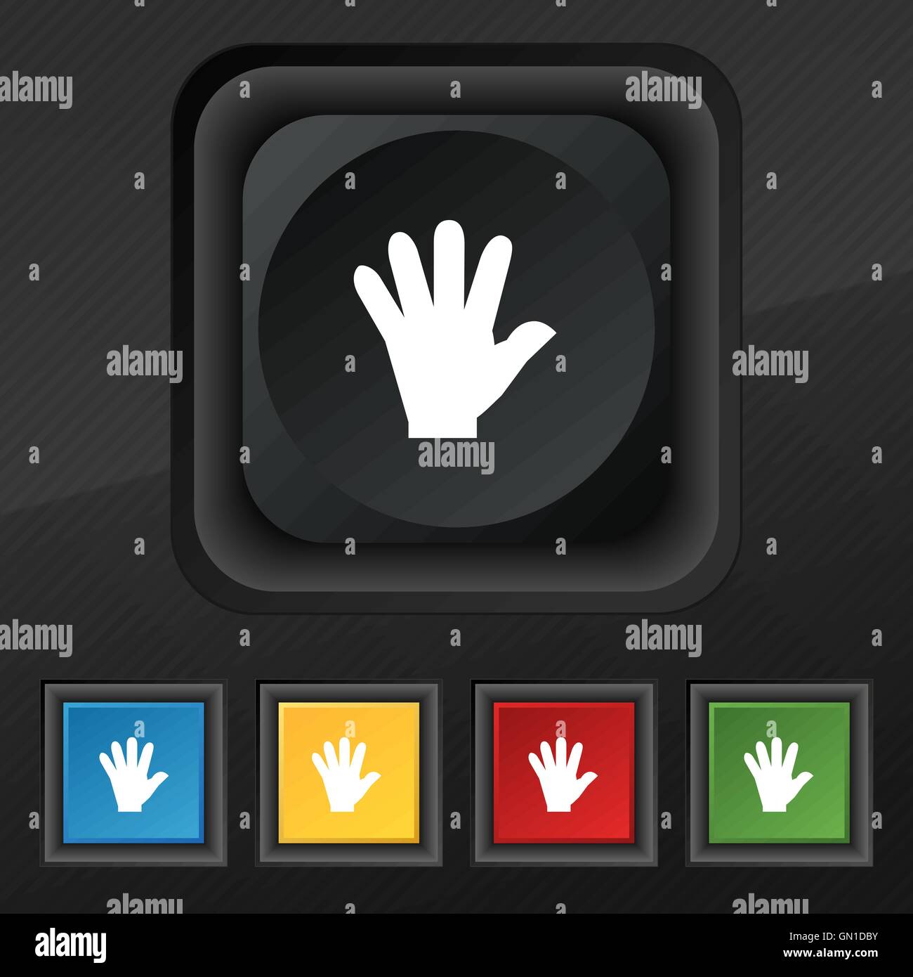 hand icon symbol. Set of five colorful, stylish buttons on black ...