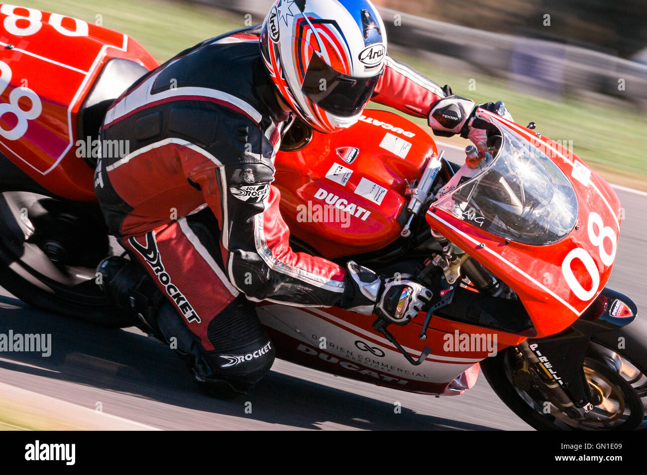 MELBOURNE/AUSTRALIA - August 7, 2016: Motorcycle racers fight it out ...