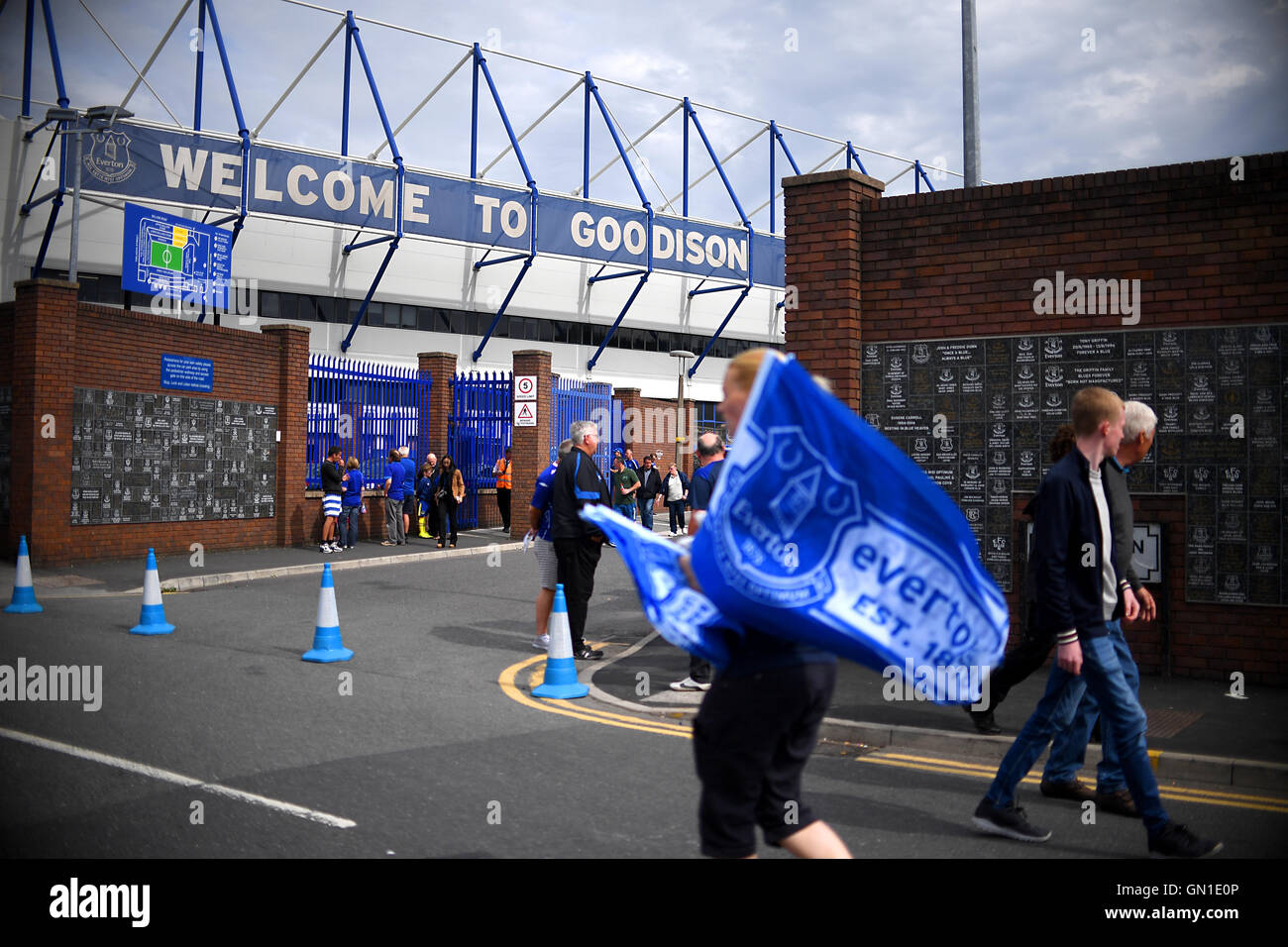 Everton fans arriving for the Premier League match at Goodison Park ...