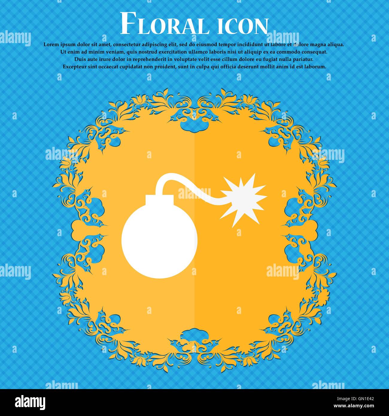 bomb icon. Floral flat design on a blue abstract background with place ...