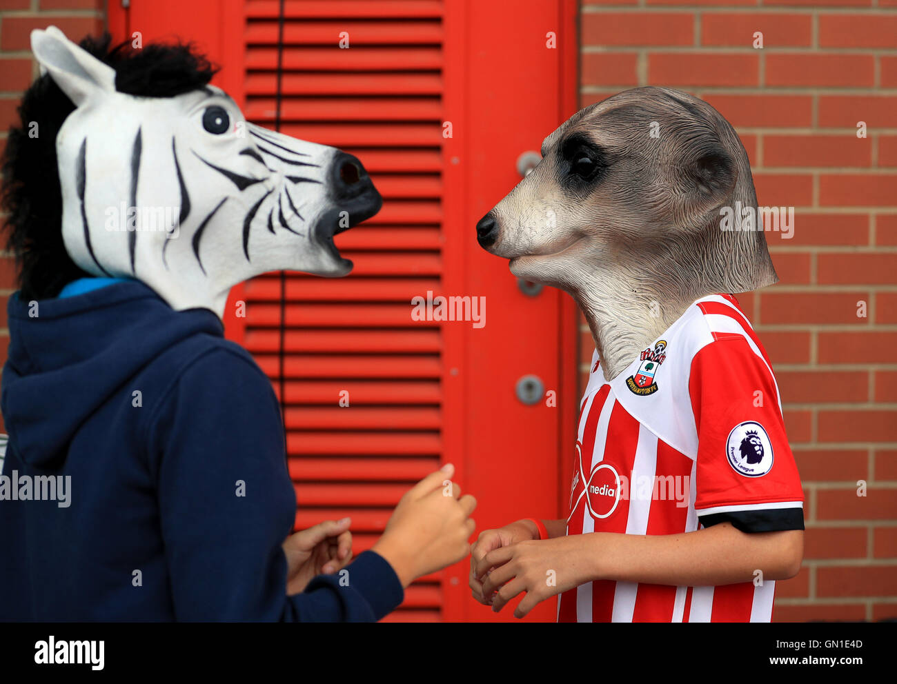 Southampton fans wearing Zebra and Meerkat masks before the Premier ...