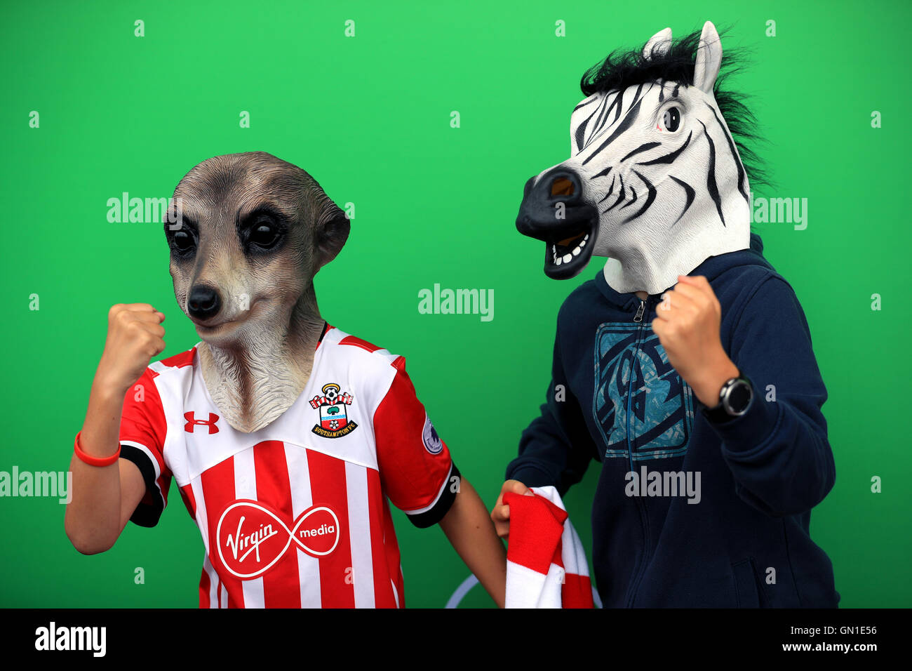 Southampton fans wearing Zebra and Meerkat masks before the Premier ...