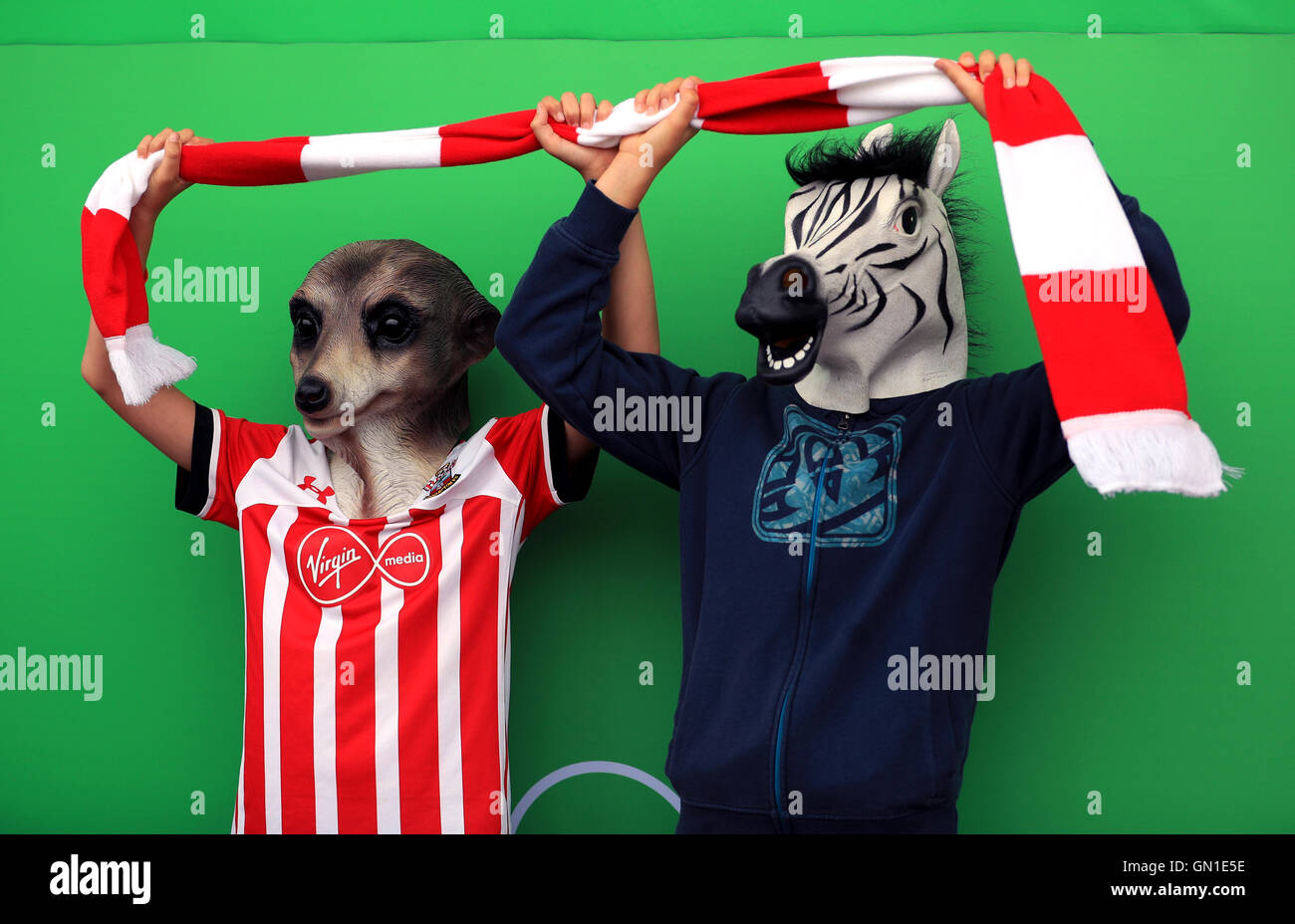 Southampton fans wearing Zebra and Meerkat masks before the Premier ...