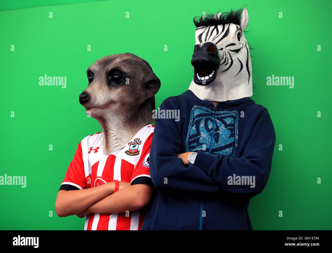 Southampton fans wearing Zebra and Meerkat masks before the Premier ...