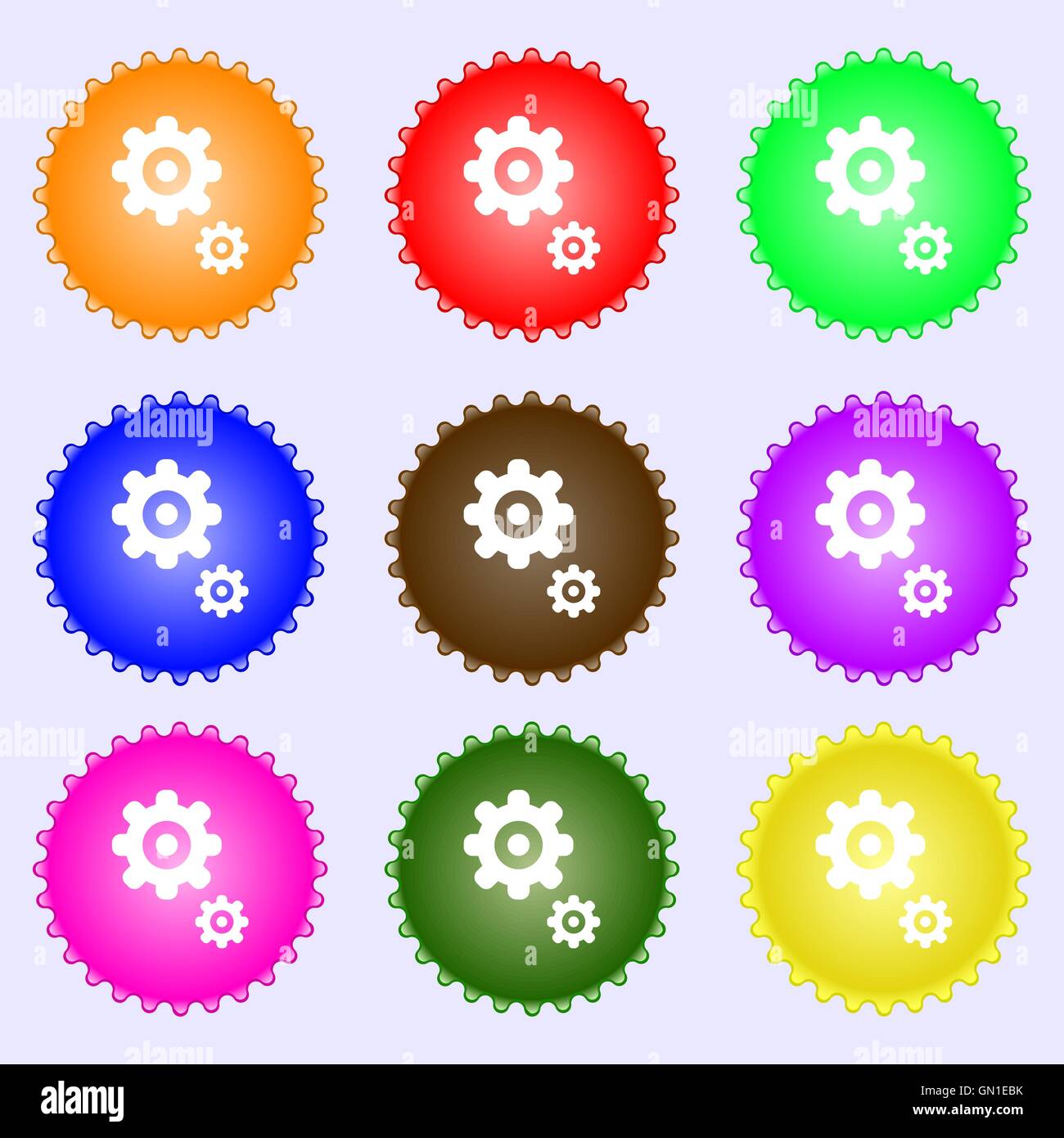 gears icon sign. A set of nine different colored labels. Vector Stock ...