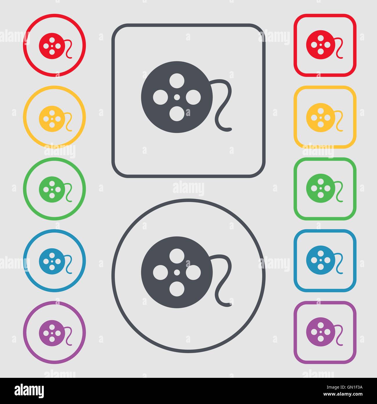 film icon sign. symbol on the Round and square buttons with frame ...