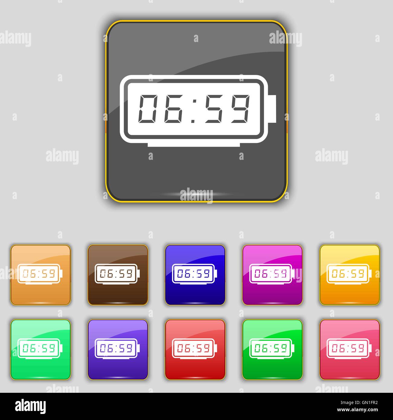 alarm clock icon sign. Set with eleven colored buttons for your site ...
