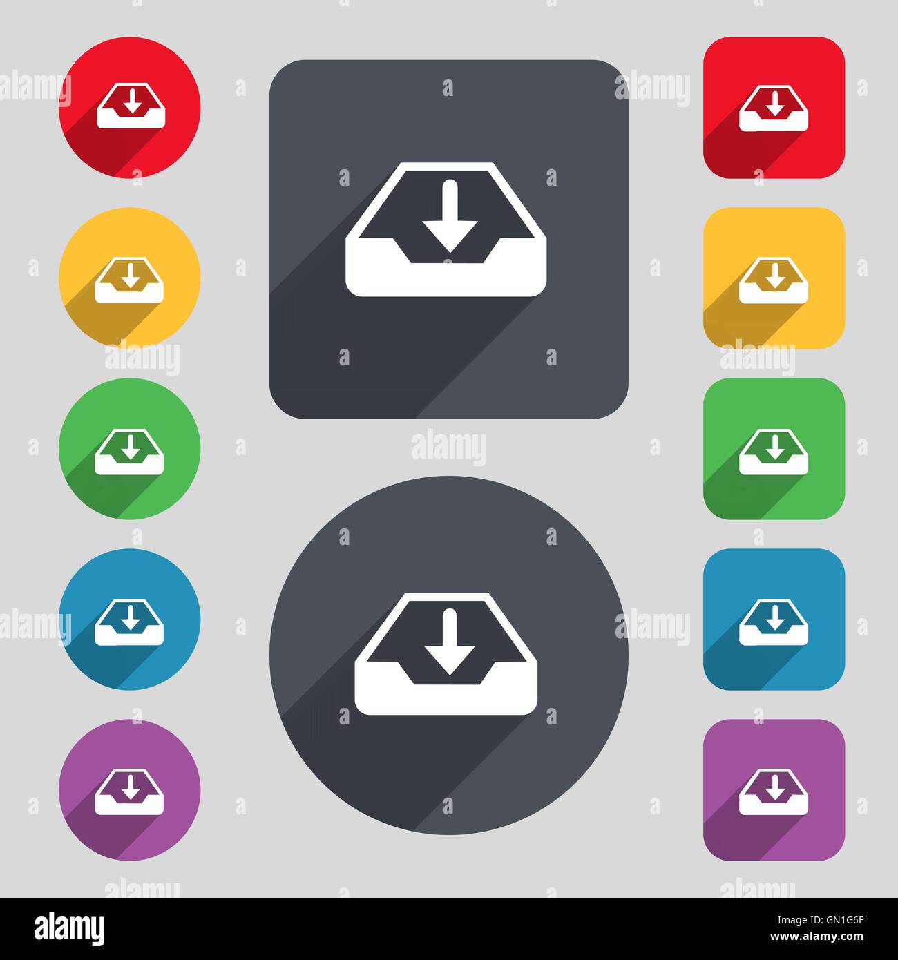 Restore icon sign. A set of 12 colored buttons and a long shadow. Flat ...