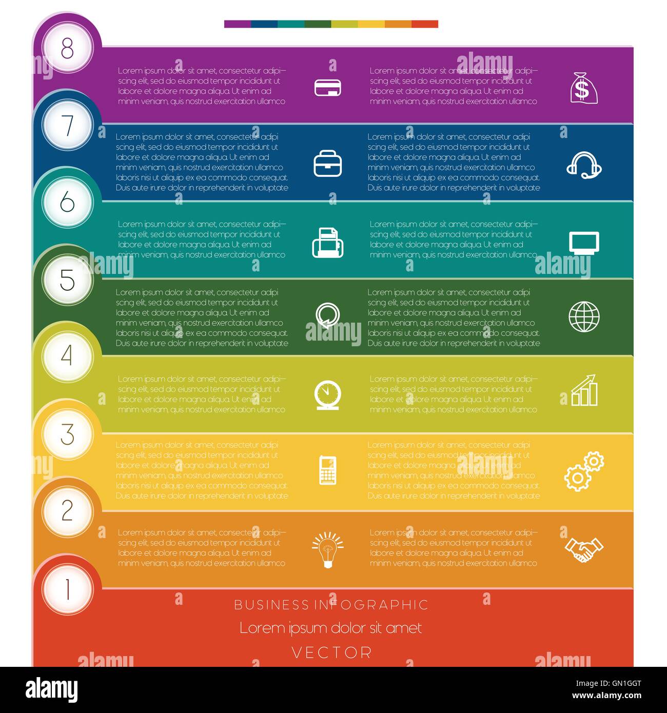 Infographic, strips numbered, eight template with text areas for ...