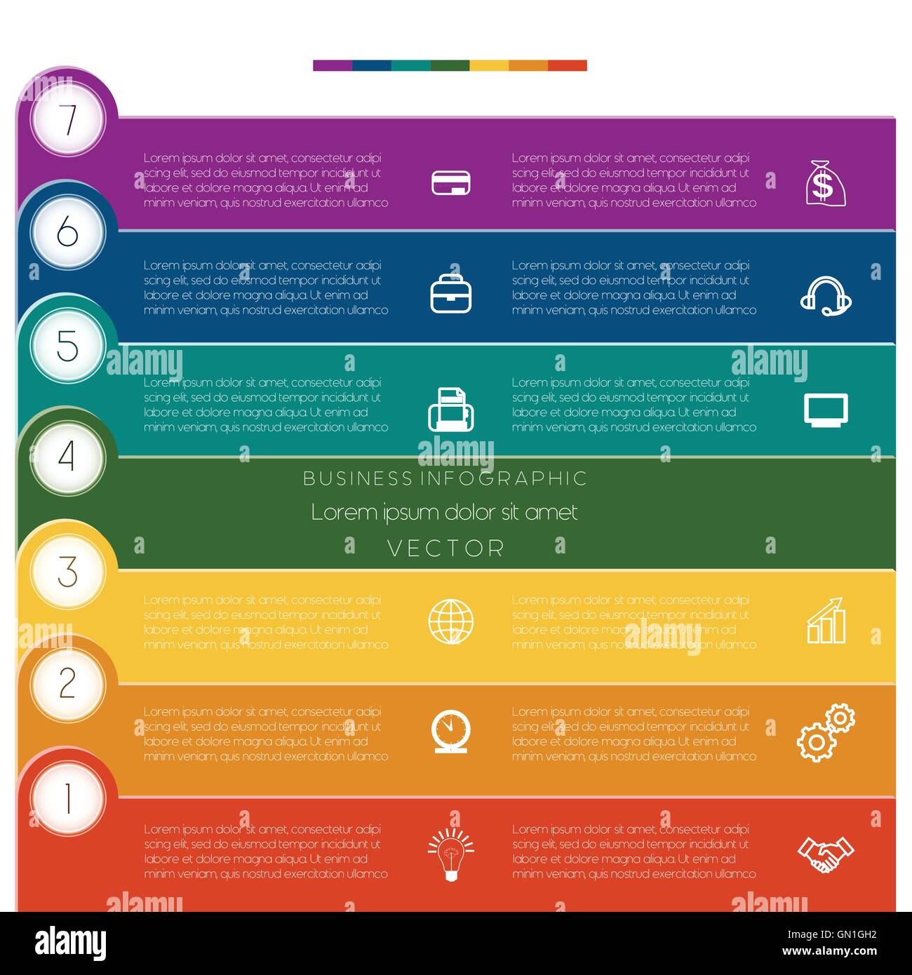 Infographic, strips numbered, seven template with text areas for ...