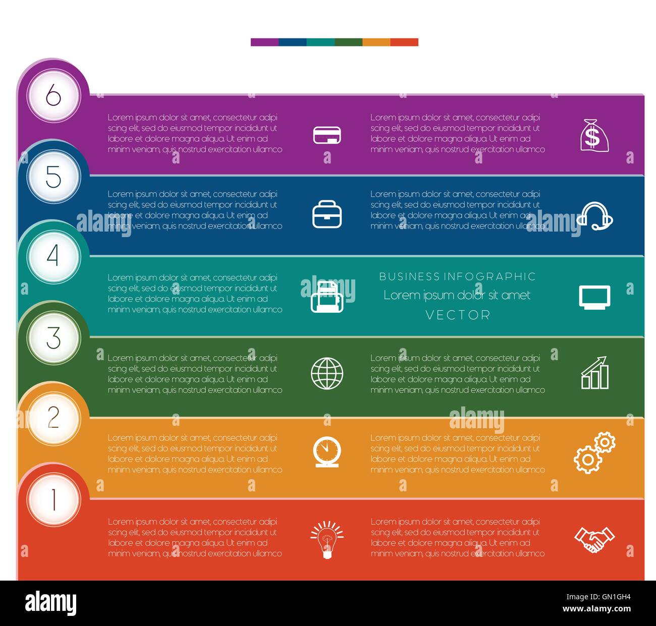 Infographic, strips numbered, six template with text areas for success ...